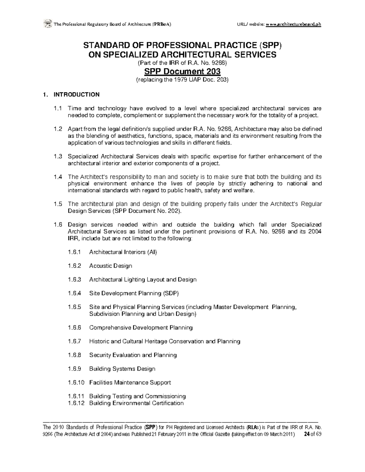 SPP 203 - Philippine Standards of Professional Practice 203 - Specialized Architectural - - Studocu