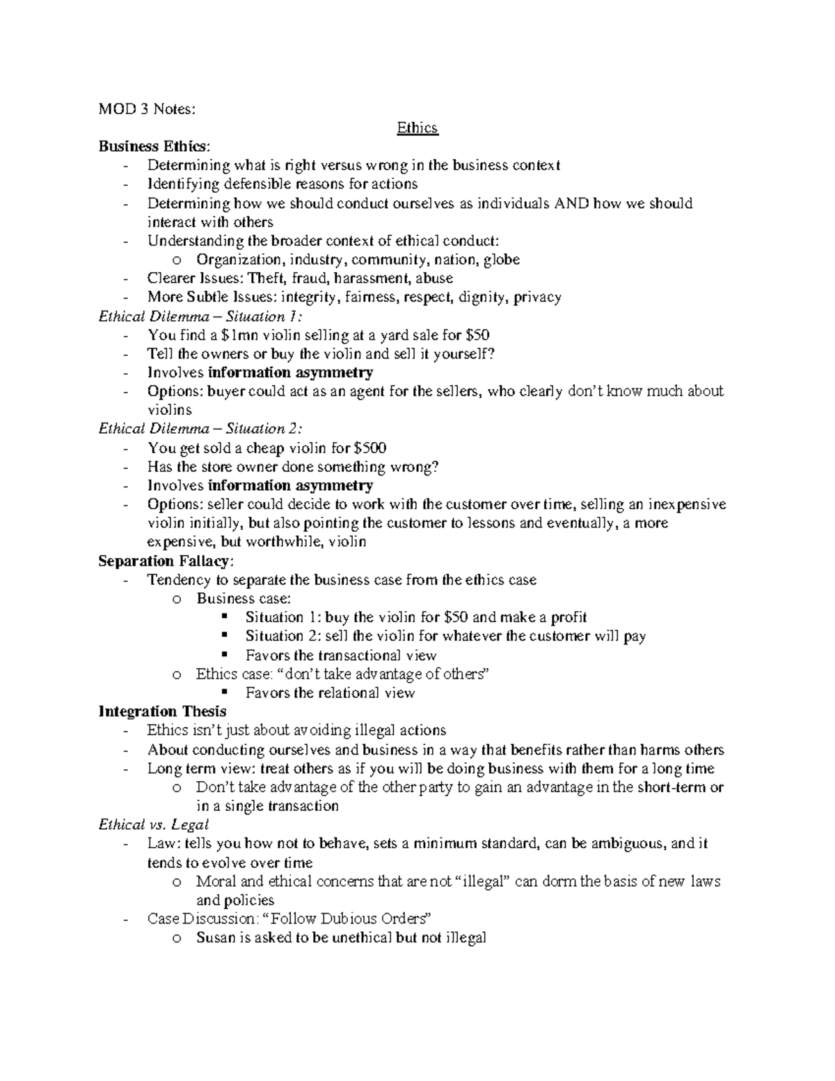 Comm Review Final Mod 3 4 MOD 3 Notes Ethics Business Ethics
