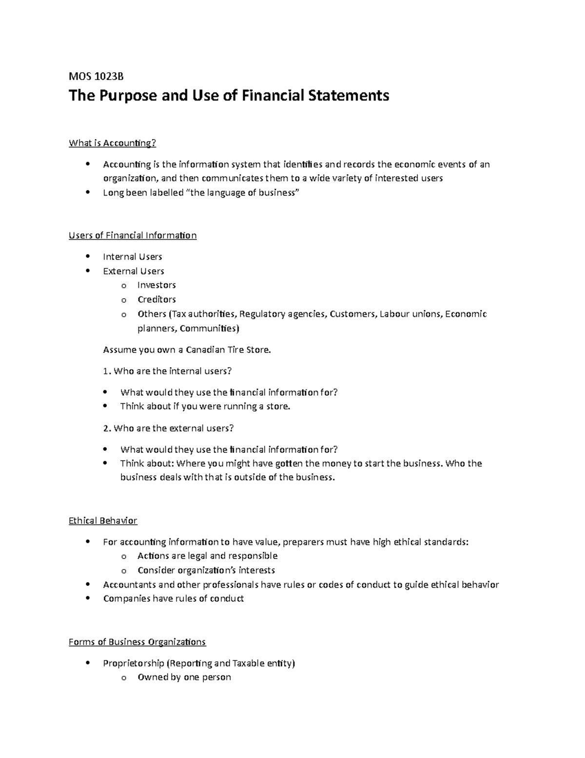 Lesson 1 - The Purpose and Use of Financial Statements - MOS 1023B The ...