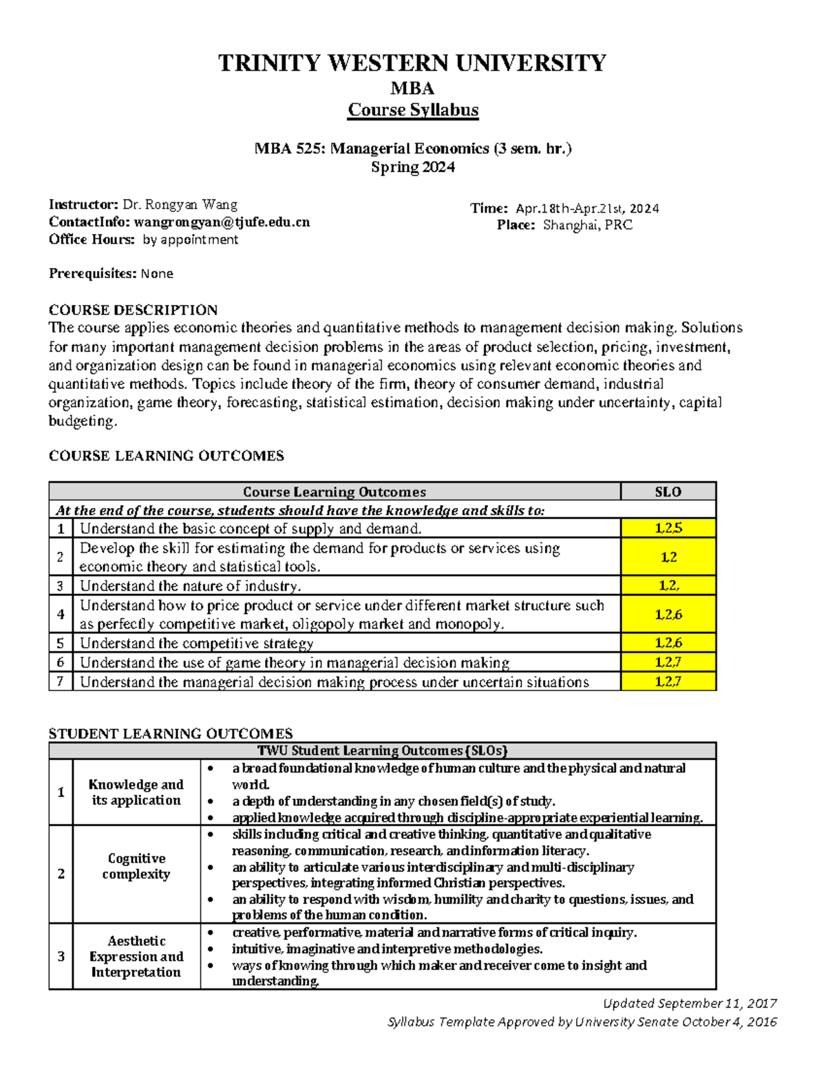 MBA 525 2024 Managerial Economics - Updated September 11, 2017 Syllabus ...
