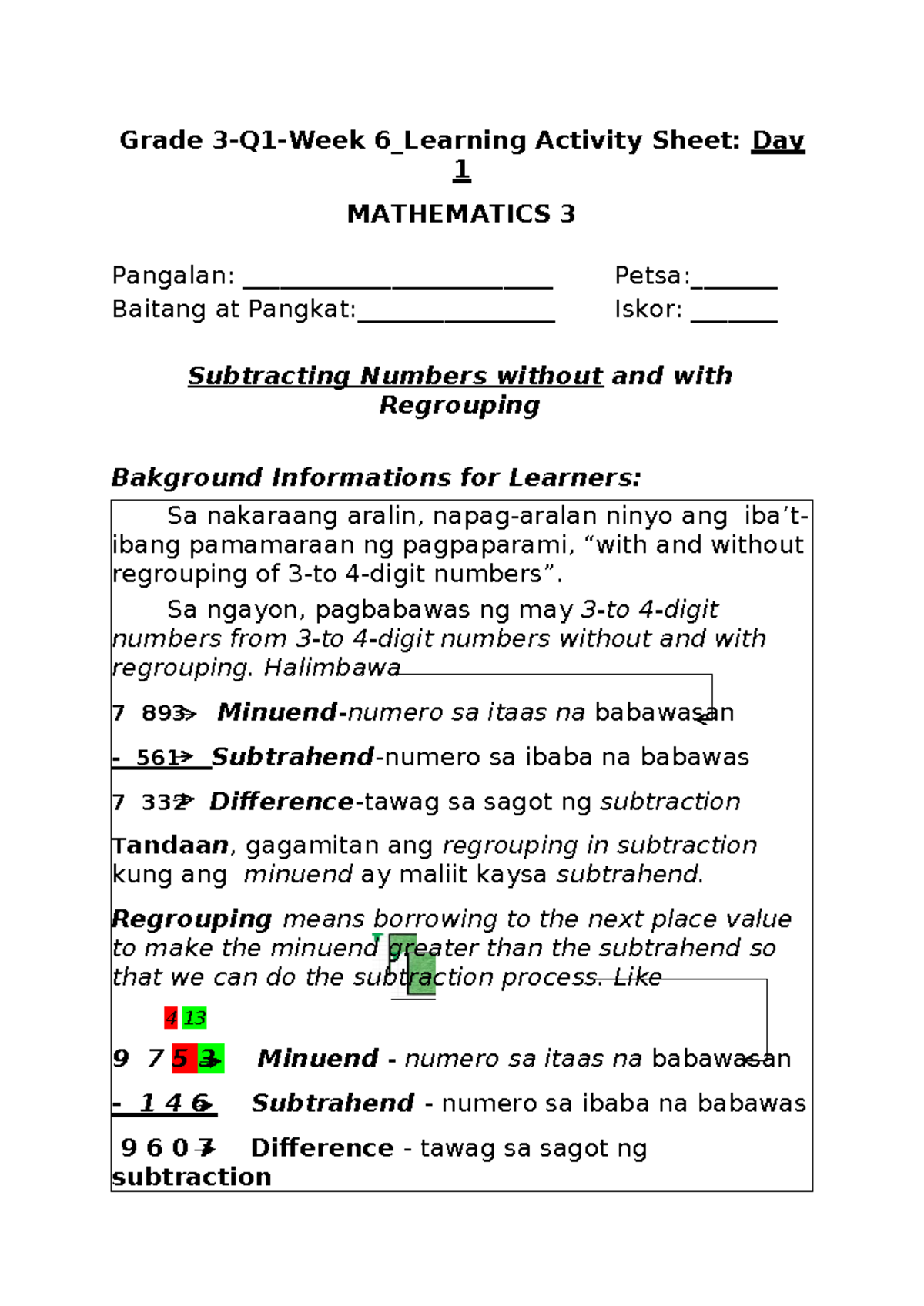Learning Activity Sheet - Sa ngayon, pagbabawas ng may 3-to 4-digit ...