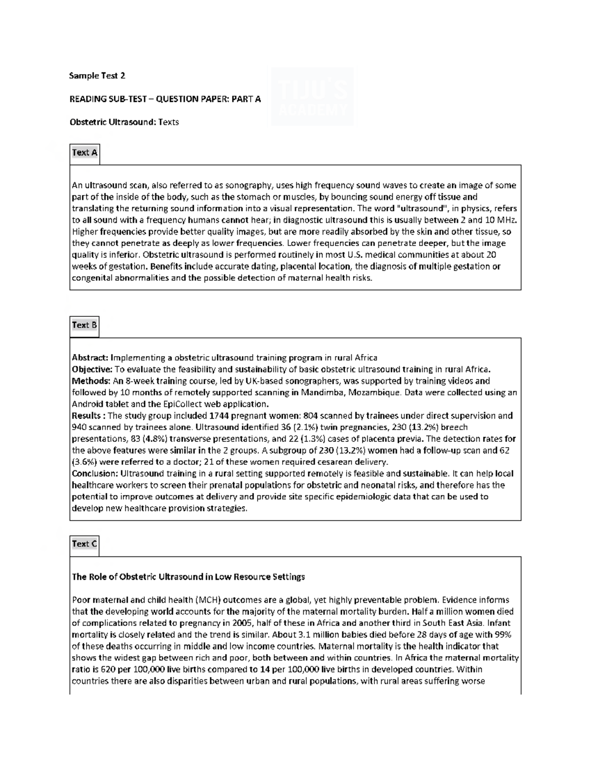 Reading 11 Sample Test 2 READING SUB TEST QUESTION PAPER PART A