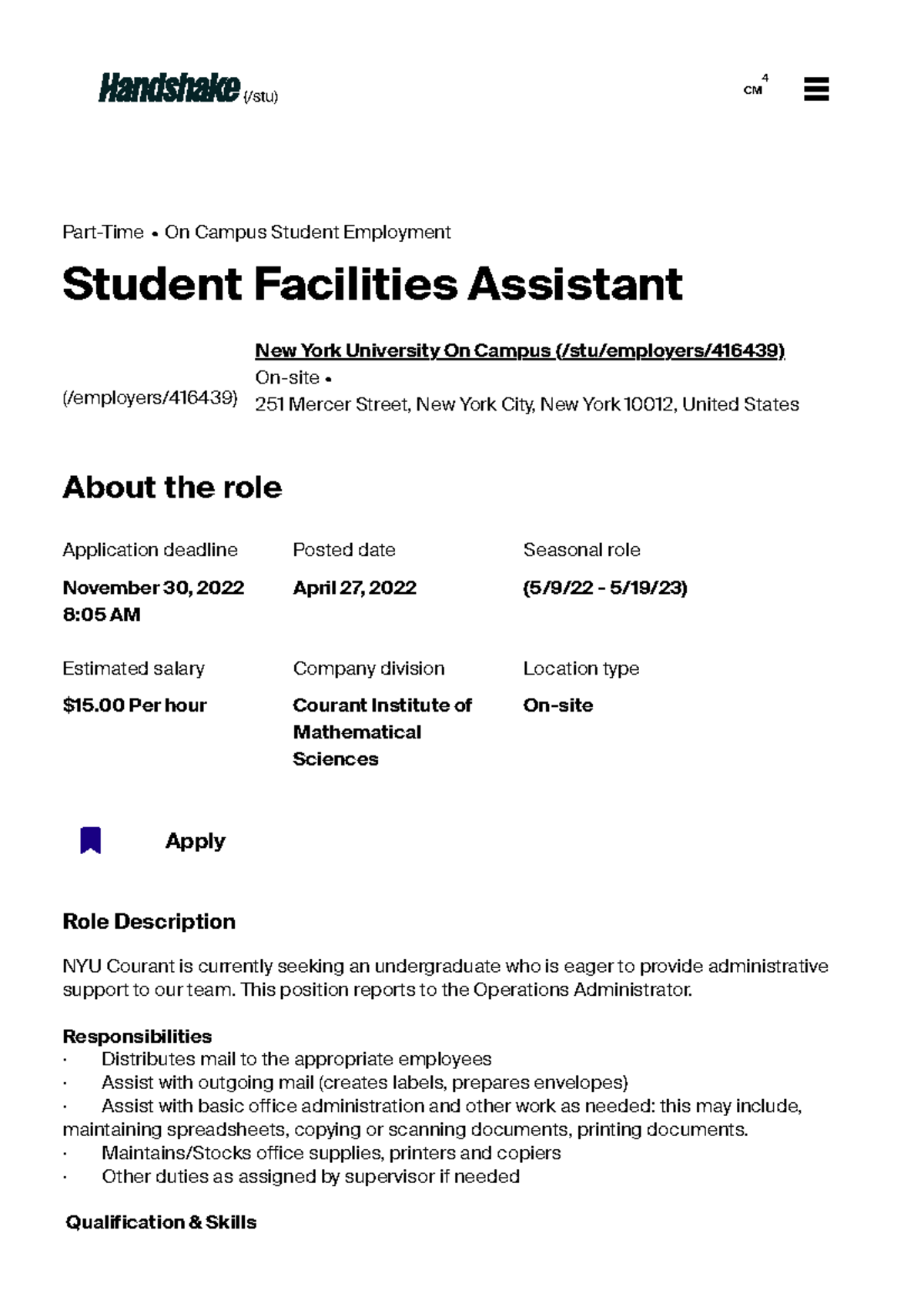 (5) Student Facilities Assistant New York University On Campus ...