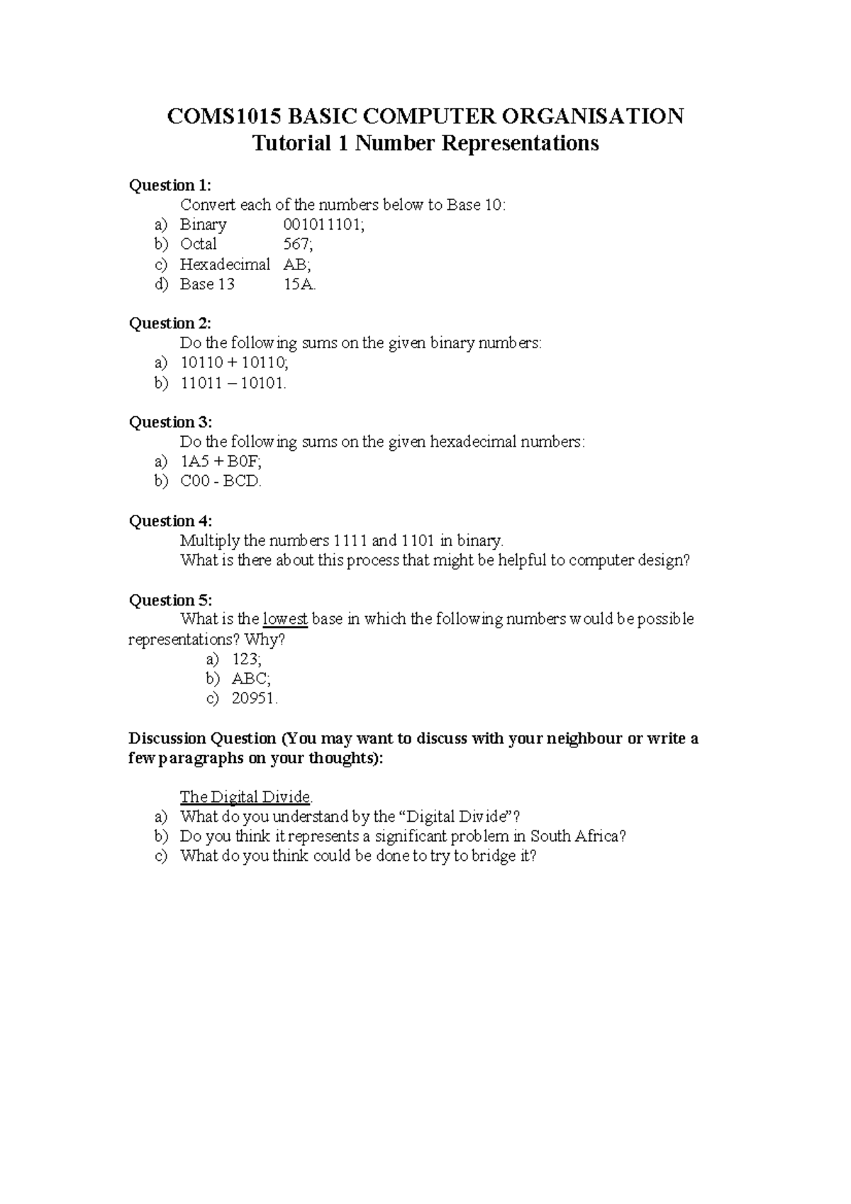 BCO2015 Tutorial 1 - COMS10 15 BASIC COMPUTER ORGANISATION Tutorial 1 ...