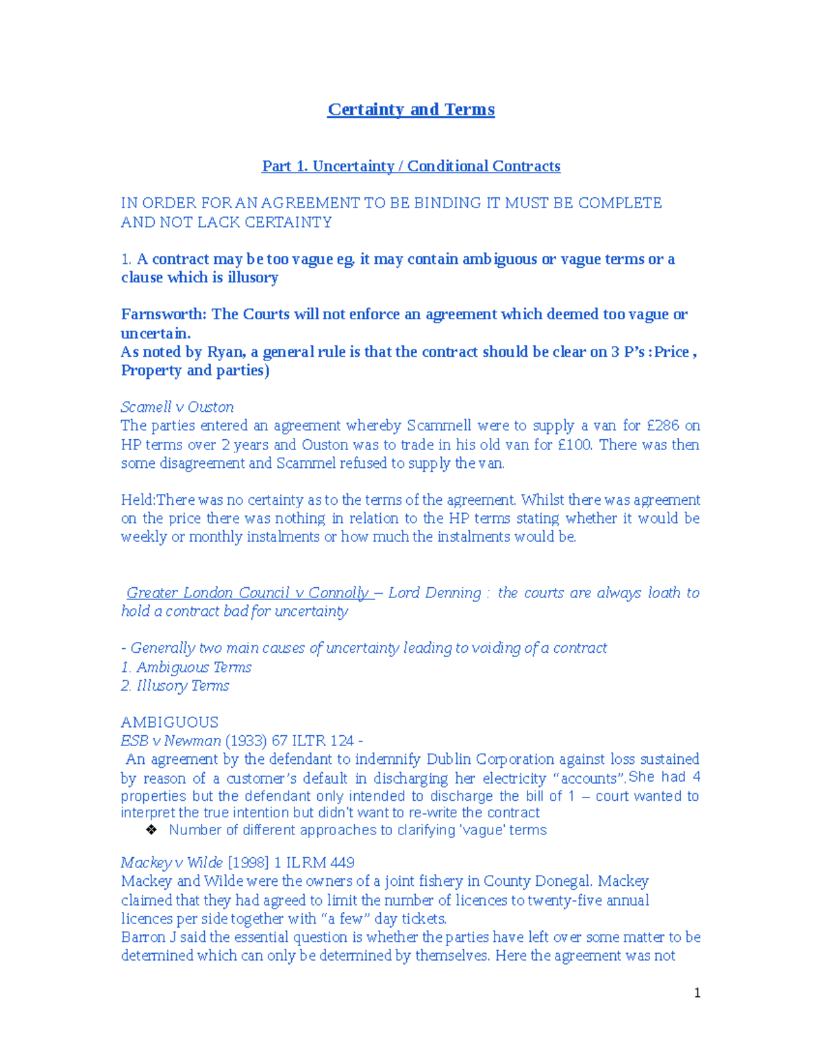 CONTRACT LAW_FE1 COMBINED NOTES 8.12 Certainty and Terms - Certainty ...