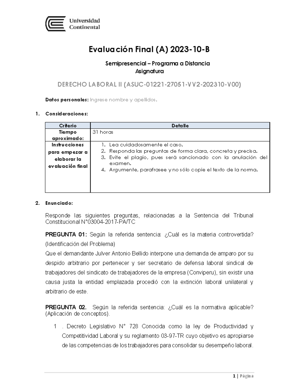 Examen Final - Evaluación Final (A) 2023-10-B Semipresencial – Programa a Distancia Asignatura ...