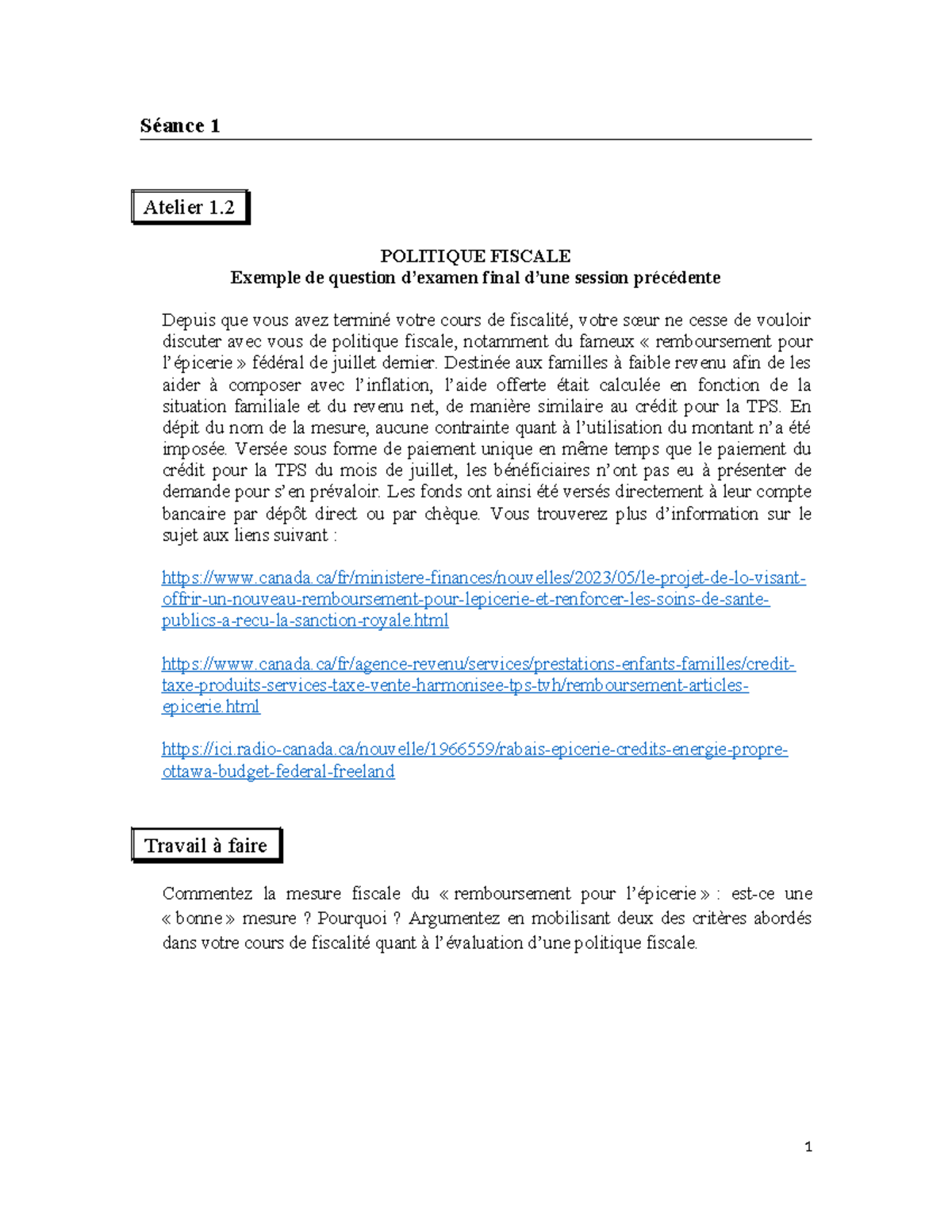 Atelier 1.2 Politique fiscale et solution - Séance 1 Atelier 1 ...
