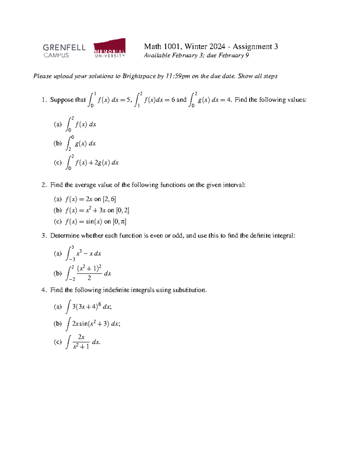 1001 Assignment 3 - Math 1001, Winter 2024 - Assignment 3 Available ...
