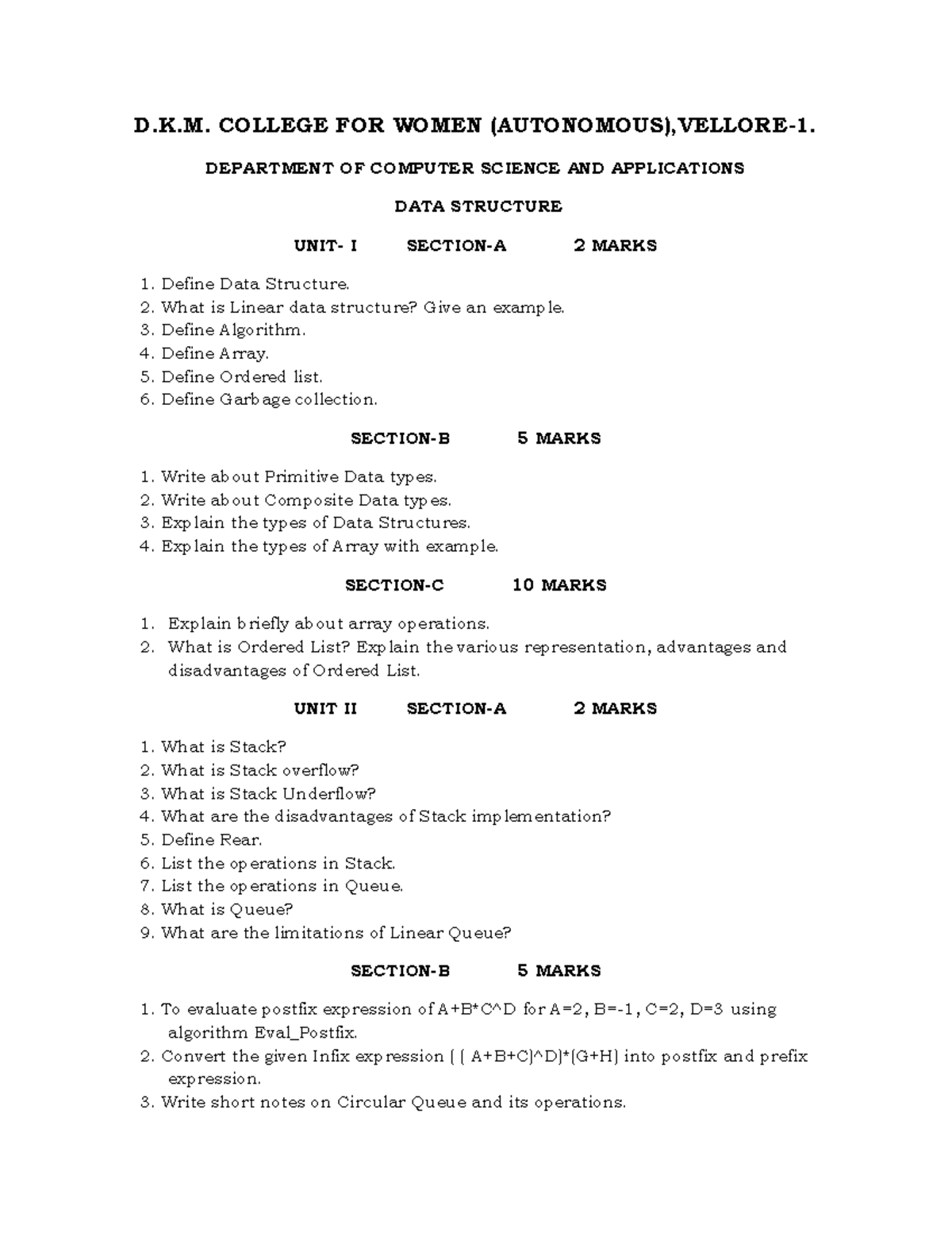 Data Structure D K College For Women Autonomous Vellore 1 Department Of Computer Science