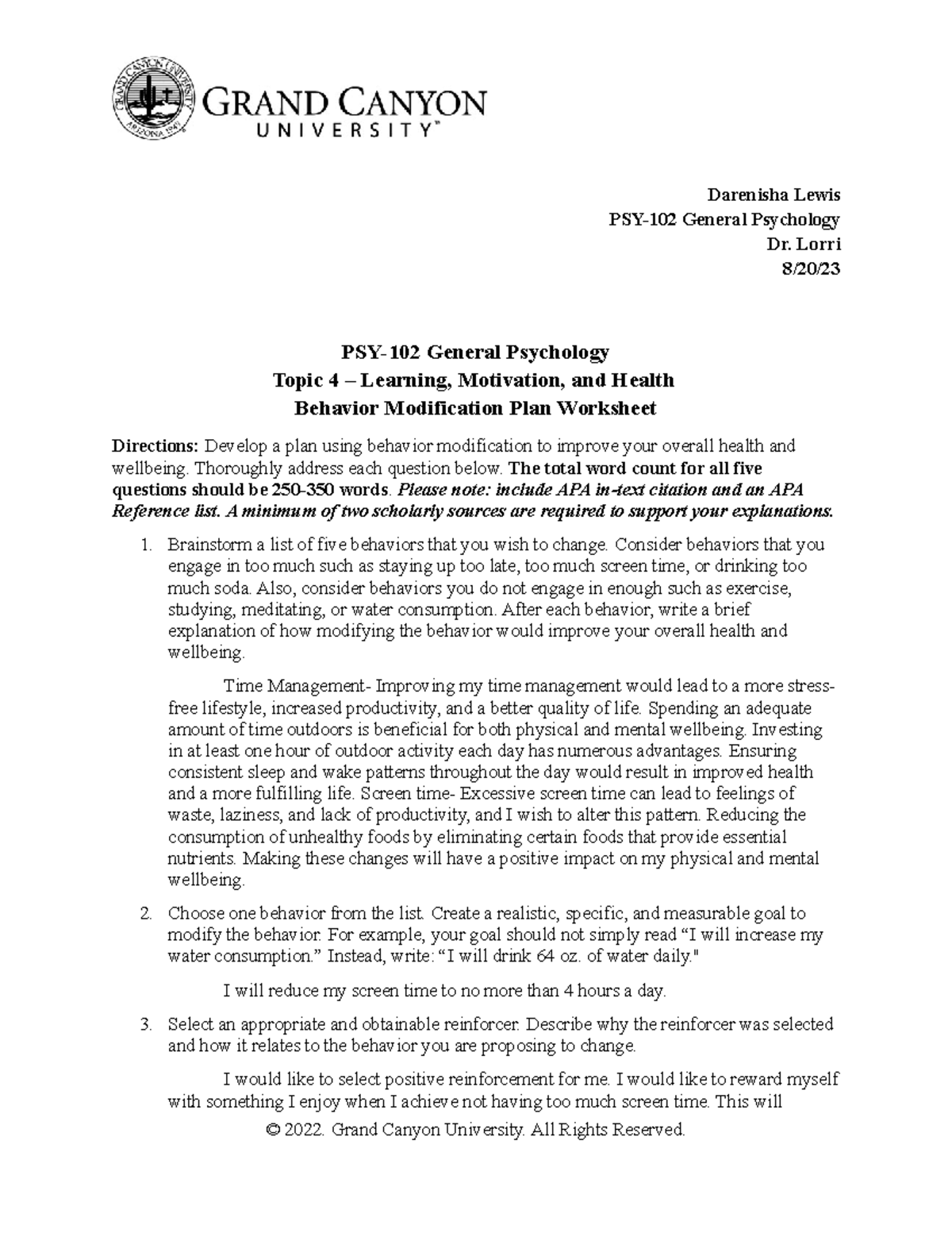 PSY 102 RS T4 Behavior Modification Plan - Darenisha Lewis PSY-102 ...