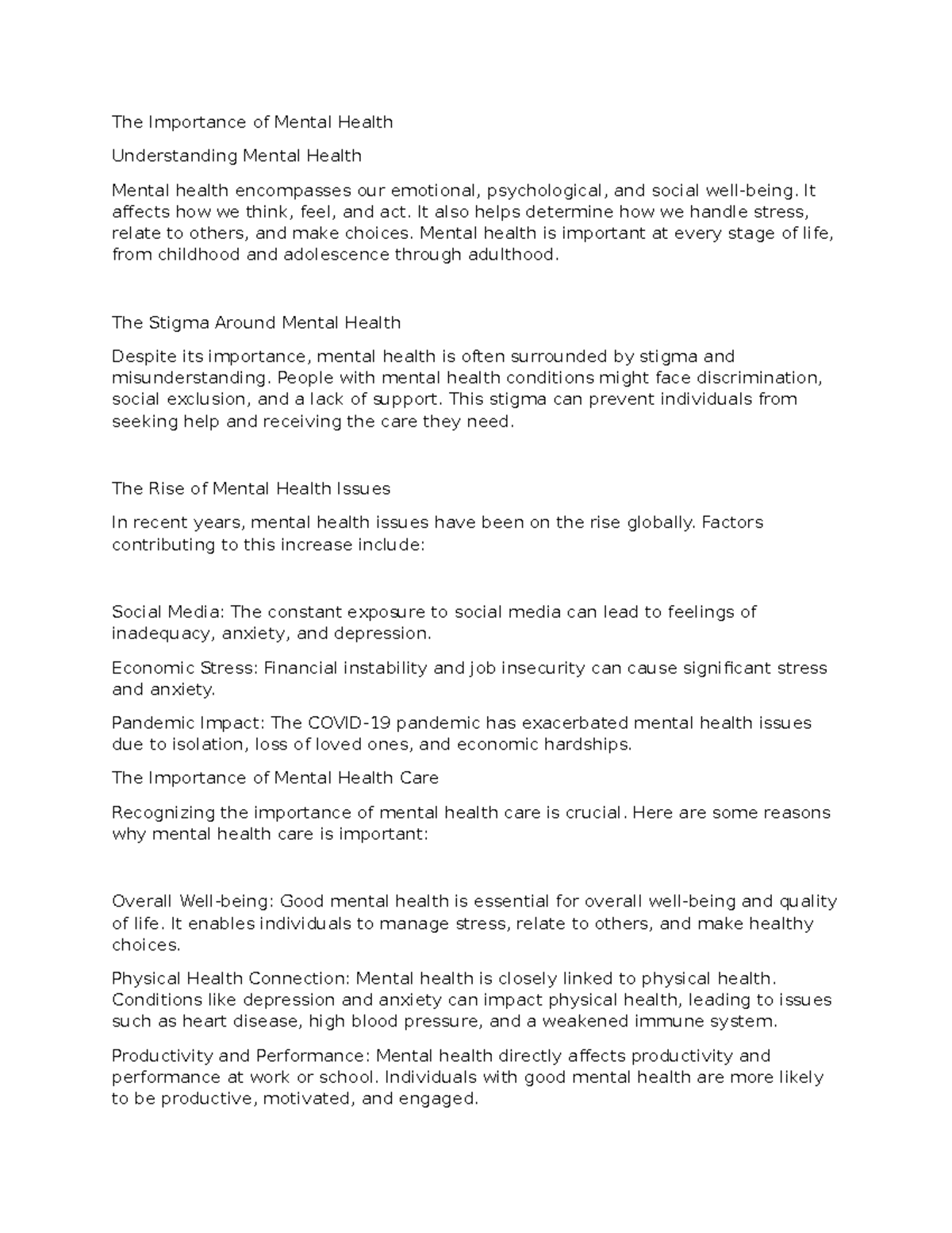 The Importance of Mental Health - The Importance of Mental Health ...