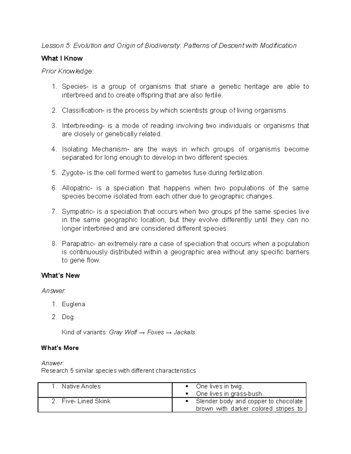 Lesson 5 Evolution AND Origin OF Biodiversity - Lesson 5: Evolution and ...