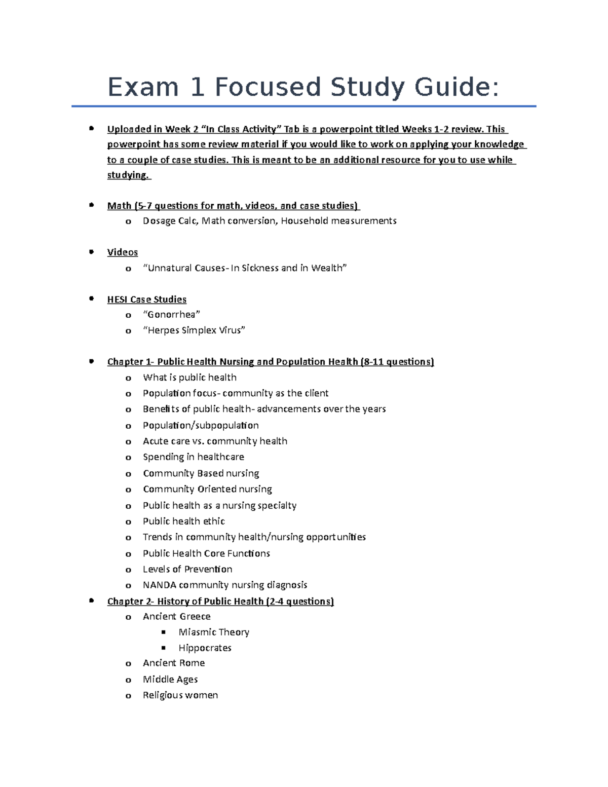 Exam 1 focused study guide - Exam 1 Focused Study Guide: Uploaded in ...