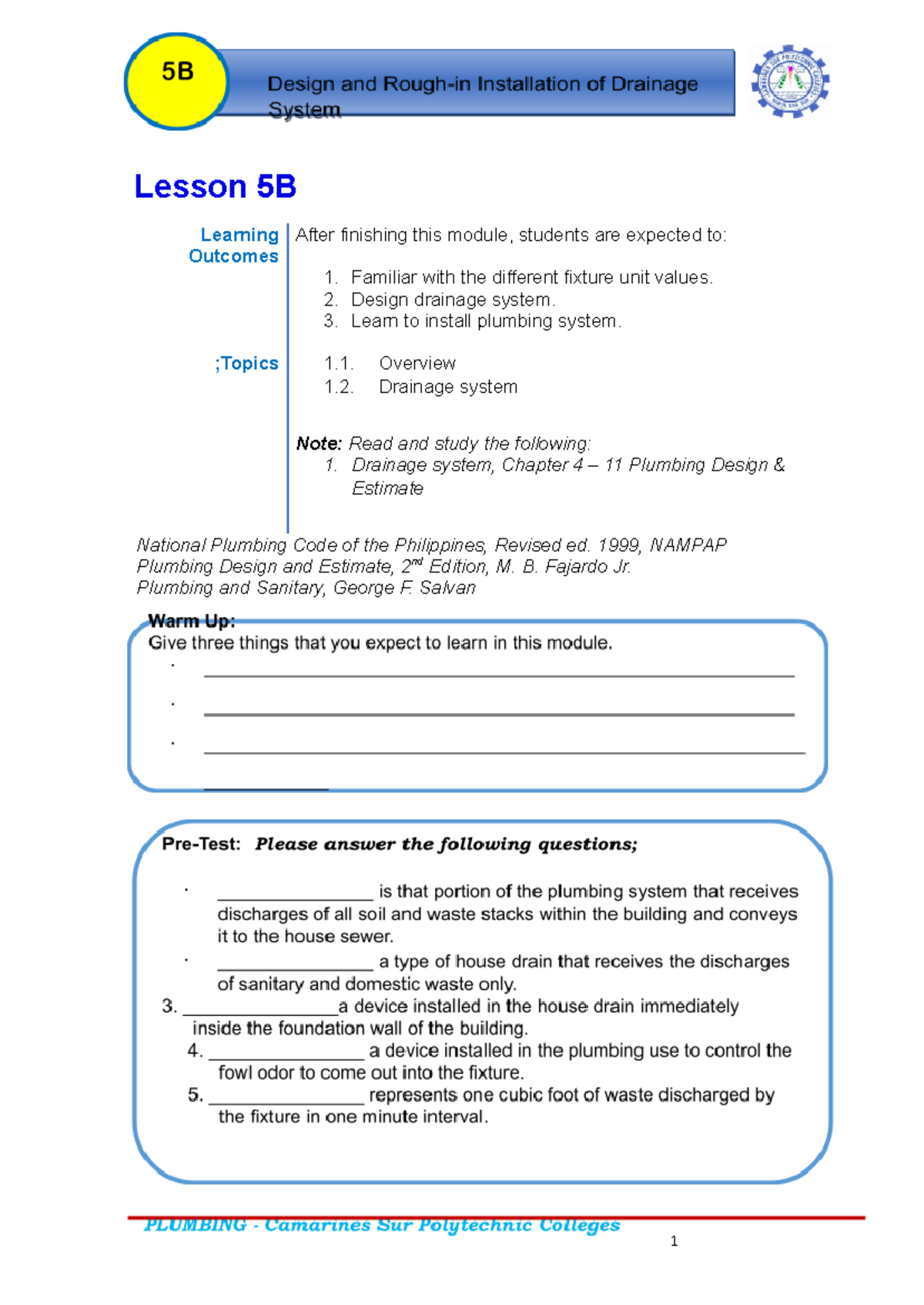 Module 5CPlumbing - none - Lesson 5B Learning Outcomes After finishing ...