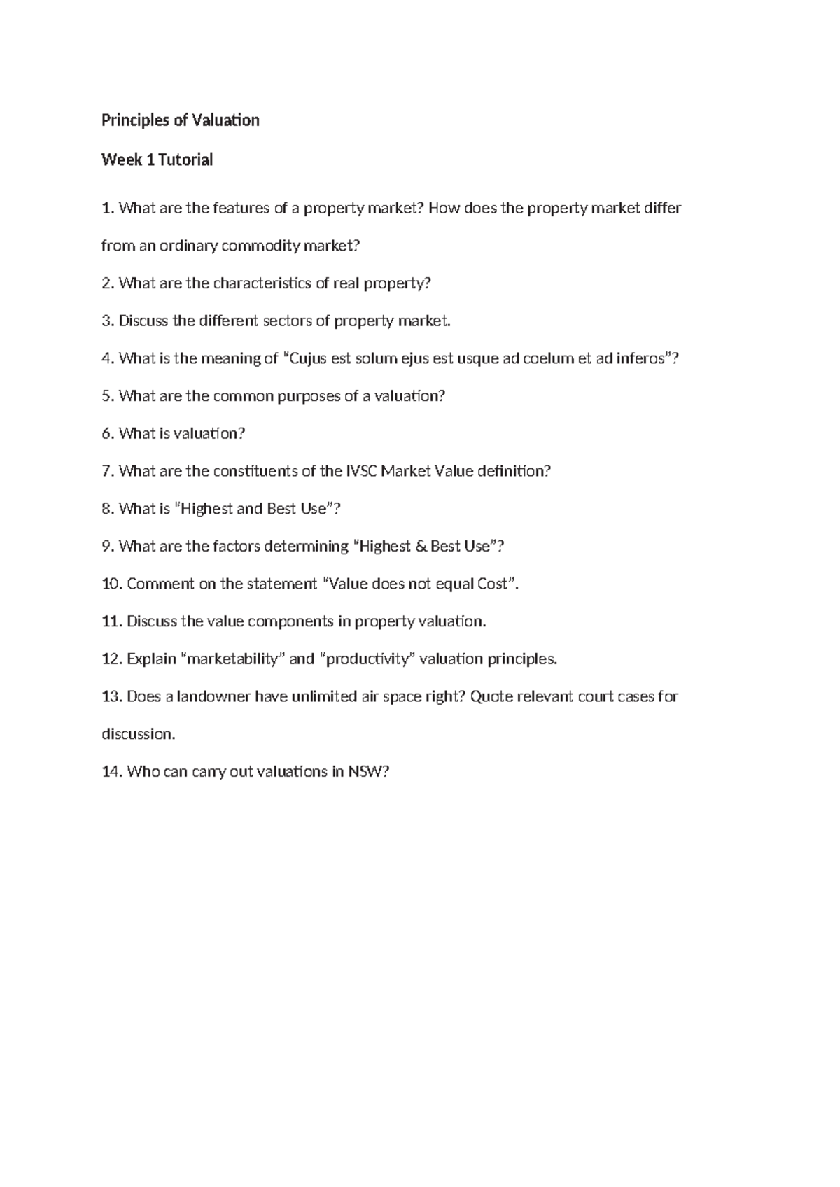 Week 1 Tutorial - Tutoial work - Principles of Valuation Week 1 ...