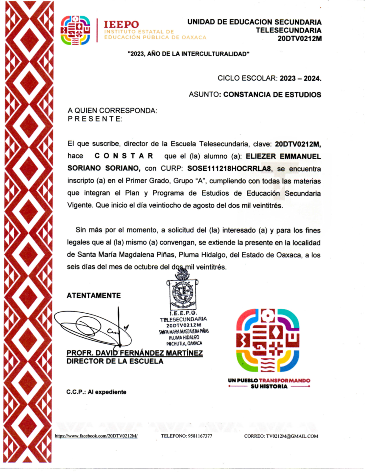 Constancia de Estudios Eliezer Emmanuel-1 - Formación Sociocultural III ...