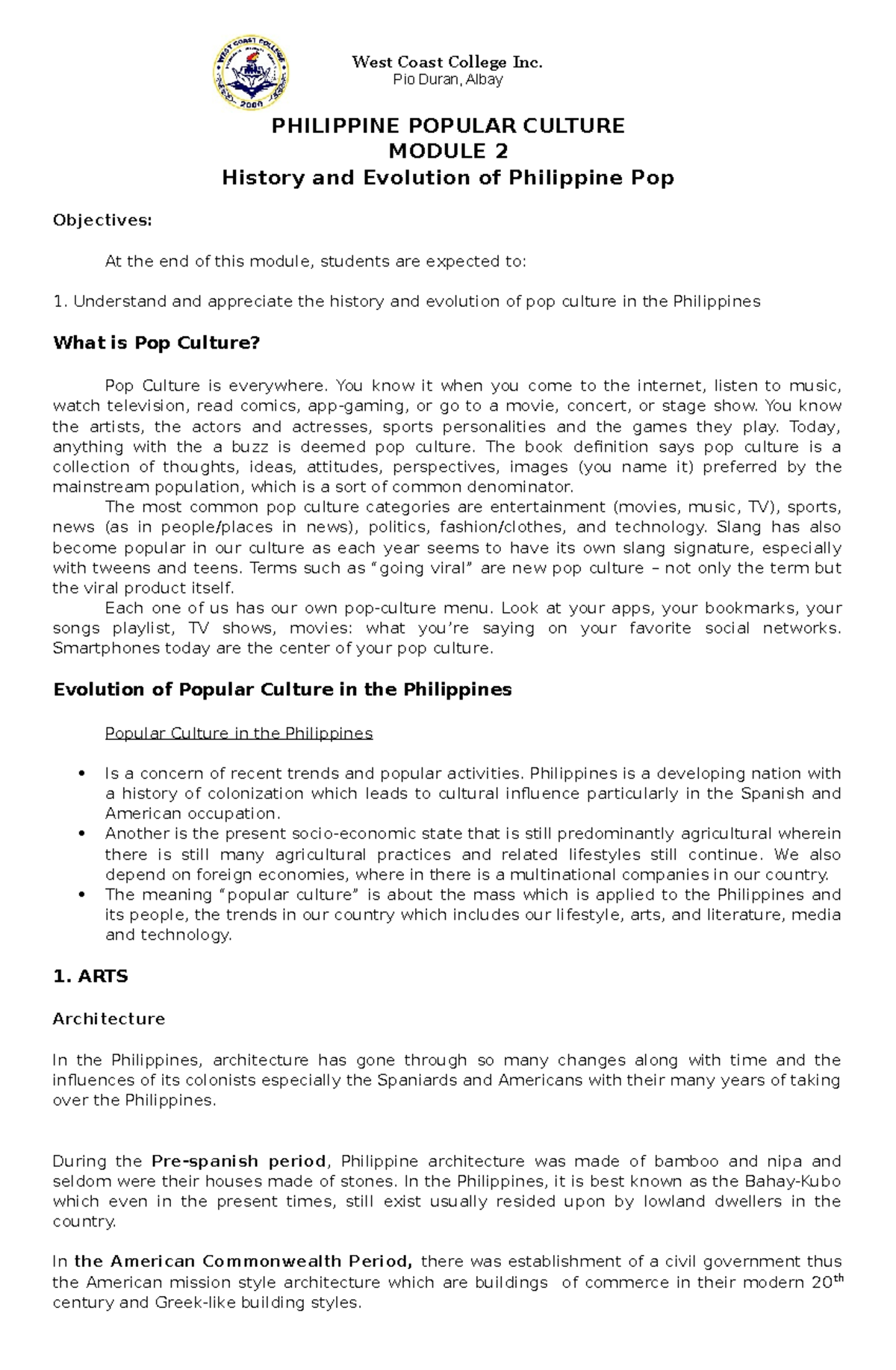 Module 2 - Lecture notes 1-2 - West Coast College Inc. Pio Duran, Albay ...