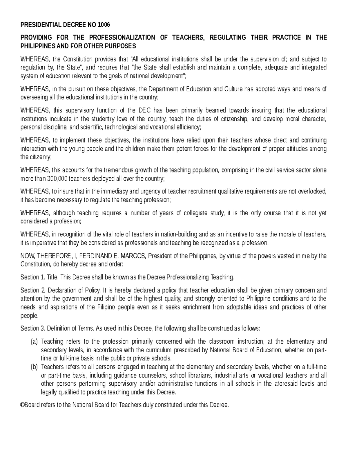Print-lessons - PRESIDENTIAL DECREE NO 1006 PROVIDING FOR THE ...