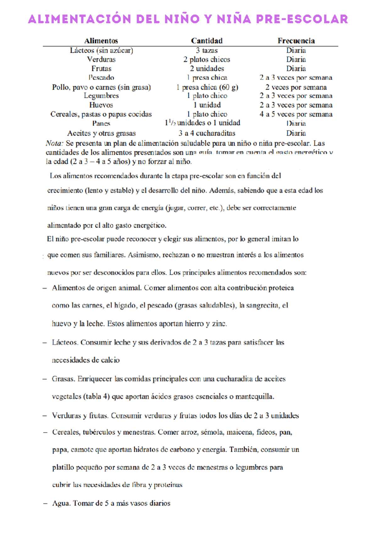 Alimentación de pre-escolar - ALIMENTACIÓN DEL NIÑO Y NIÑA Alimentos Cantidad Frecuencia Lácteos ...