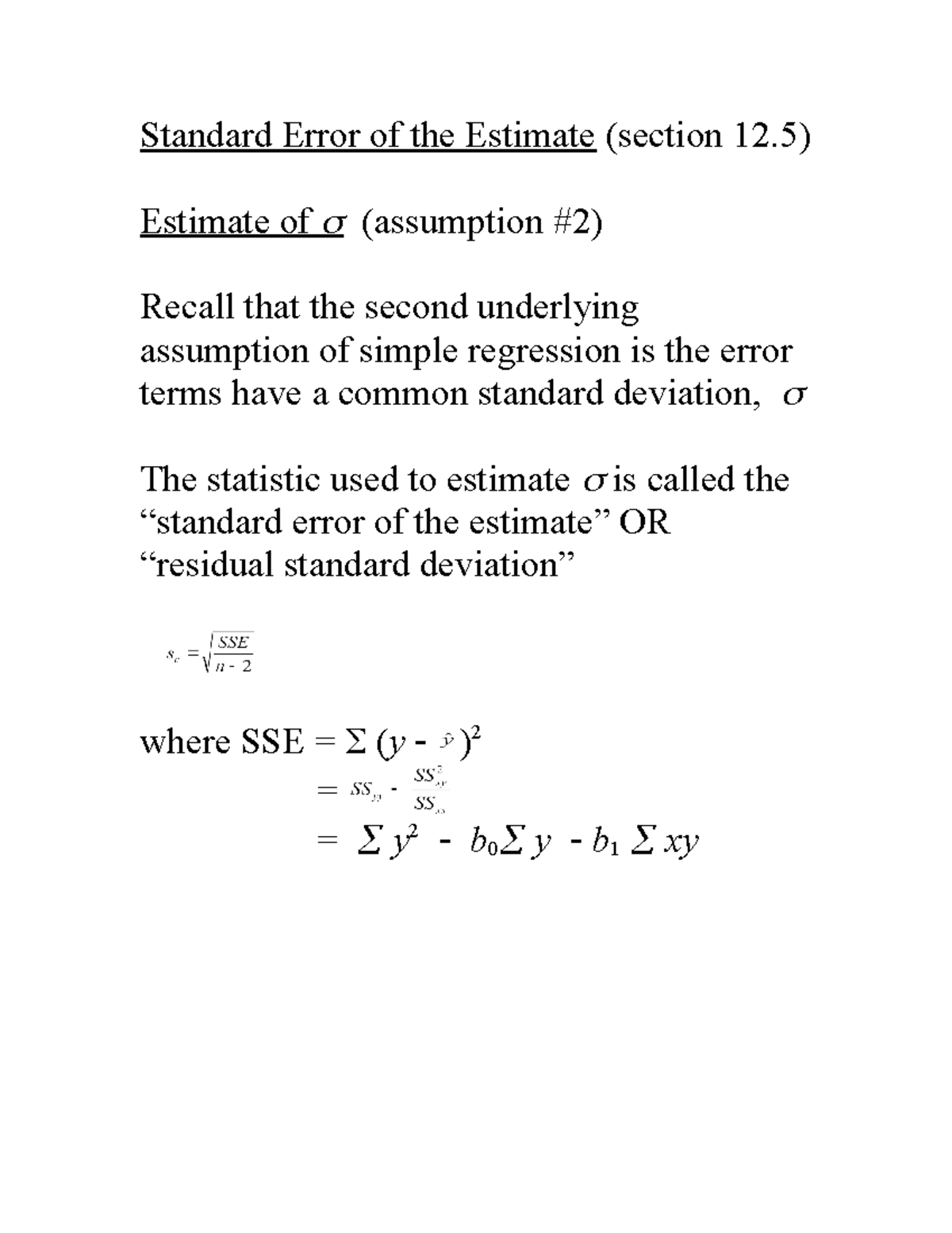 Section+12 - good stuff - Standard Error of the Estimate (section 12) Estimate of (assumption #2 ...