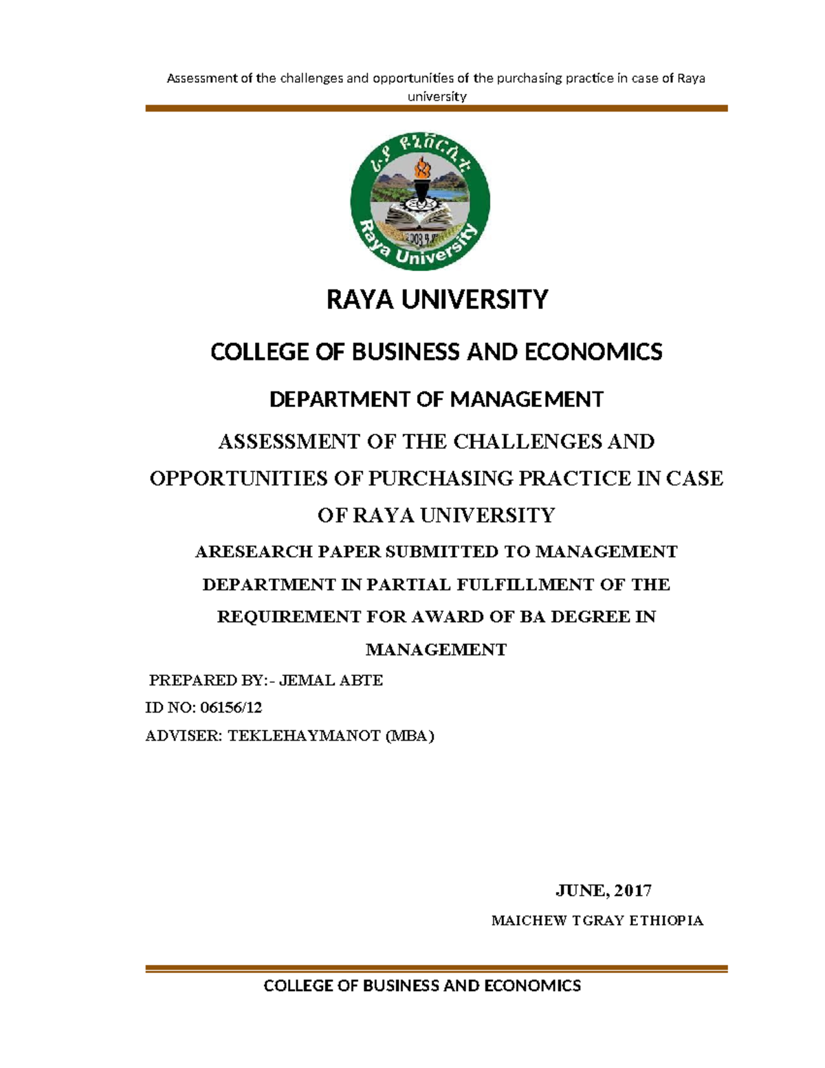 Jemal 4 - university RAYA UNIVERSITY COLLEGE OF BUSINESS AND ECONOMICS ...