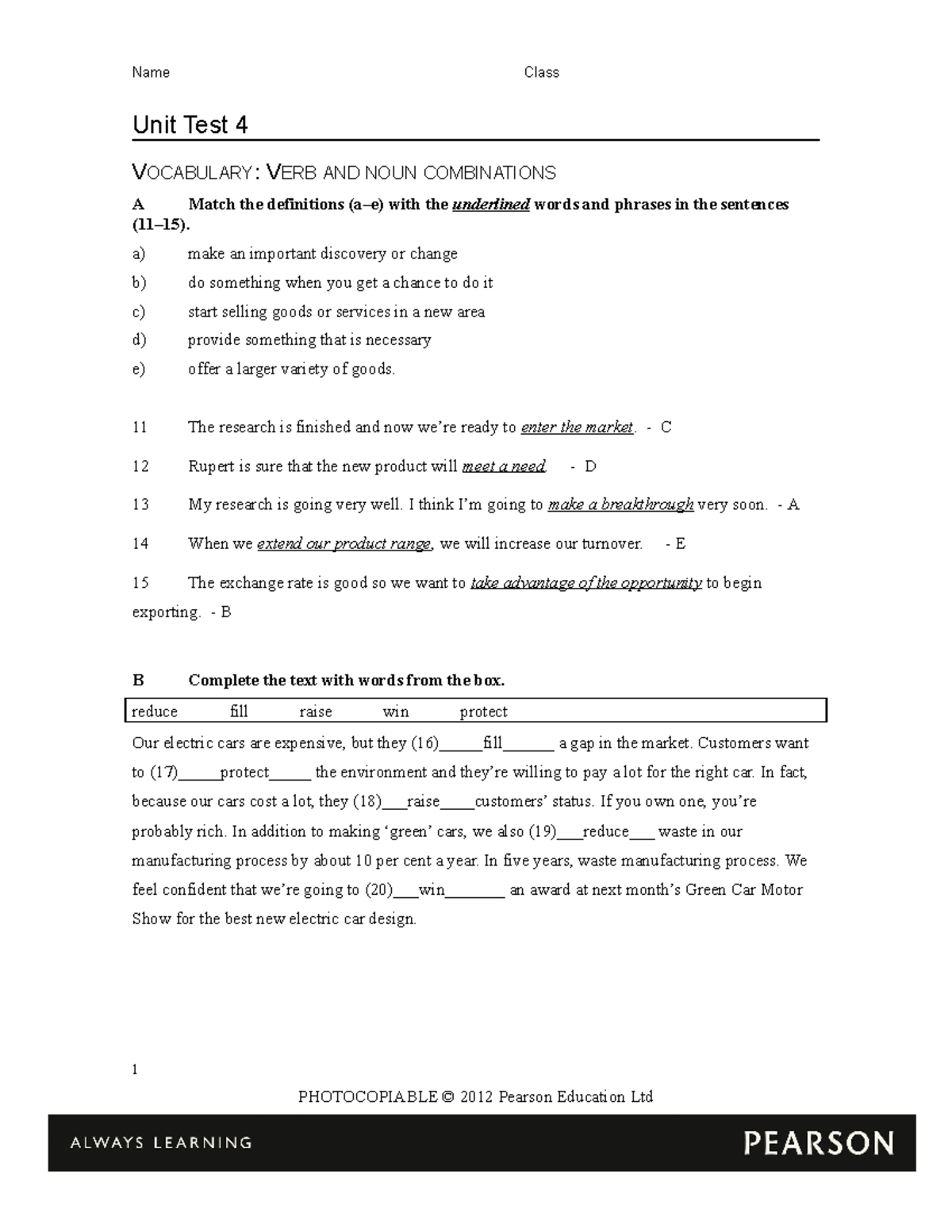 Pre-Inter Unit-test 04 - Name Class Unit Test 4 VOCABULARY: VERB AND ...