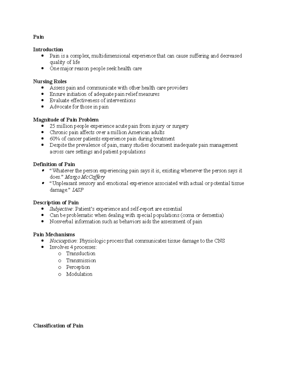 Pain Outline - N/A - Pain Introduction Pain is a complex ...