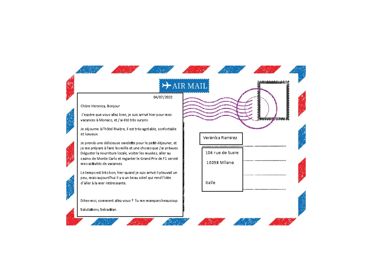 Carta Postal - jsjsjs - Verónica Ramírez 106 rue de Sucre 10098 Milano ...