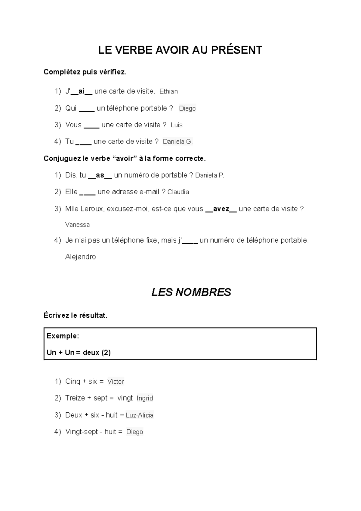 LE Verbe Avoir ET LES Nombres - Exercices - LE VERBE AVOIR AU PRÉSENT ...