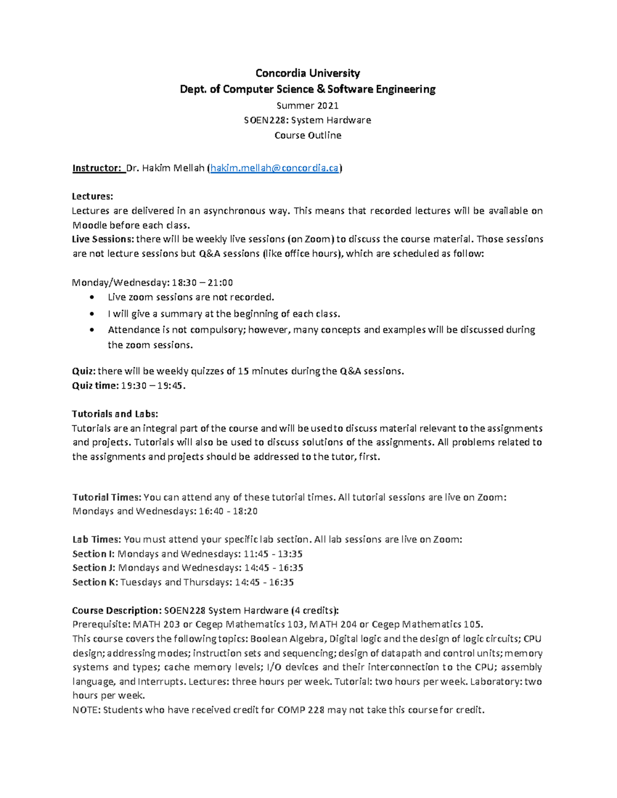 SOEN228 course outline S2021 - Concordia University Dept. of Computer Science & Software - Studocu