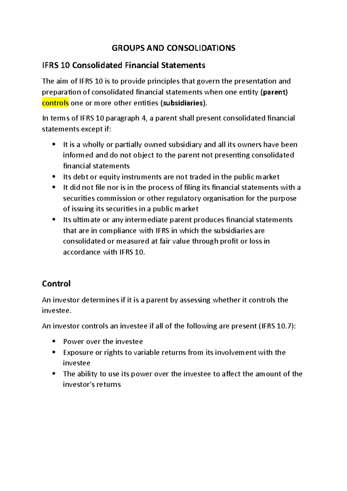 Groups and Consolidations - GROUPS AND CONSOLIDATIONS IFRS 10 ...