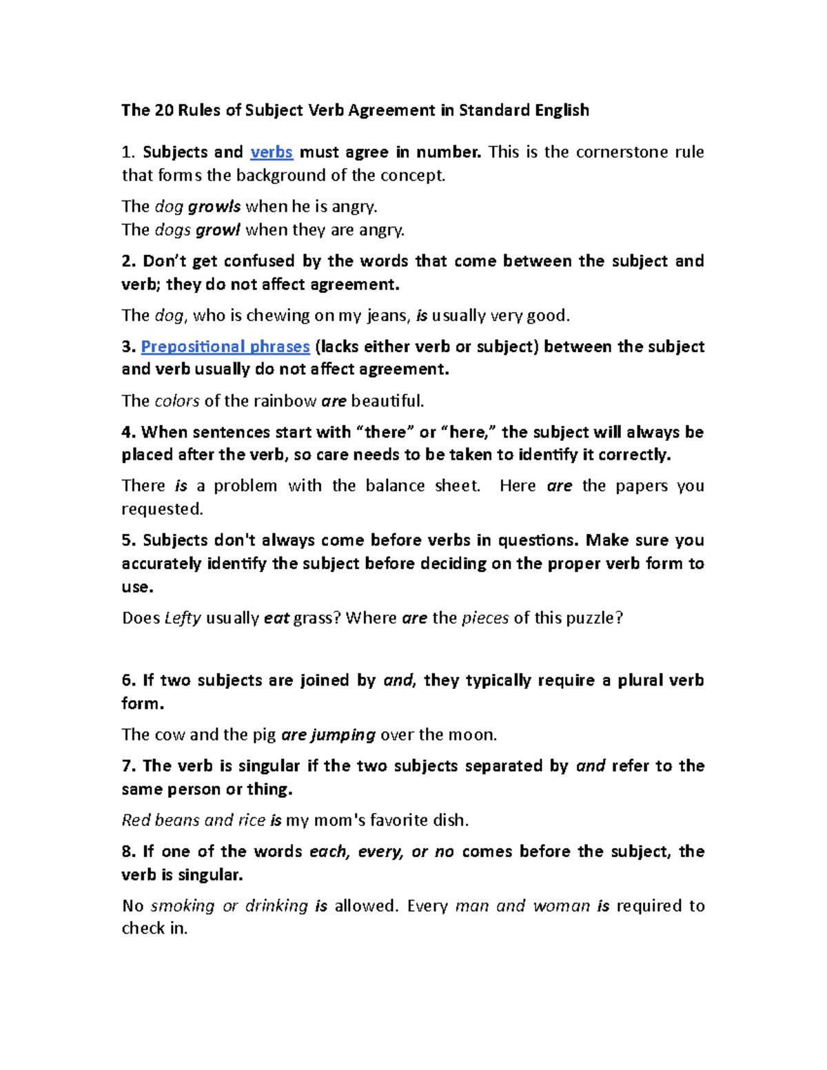 SVA - The 20 Rules of Subject Verb Agreement in Standard English ...