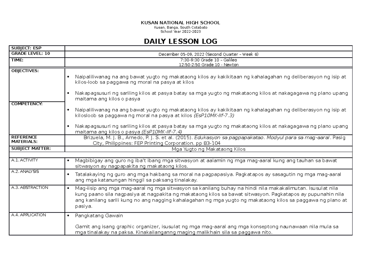 Week 6 - This is a Daily Lesson Log for ESP 10. - KUSAN NATIONAL HIGH ...