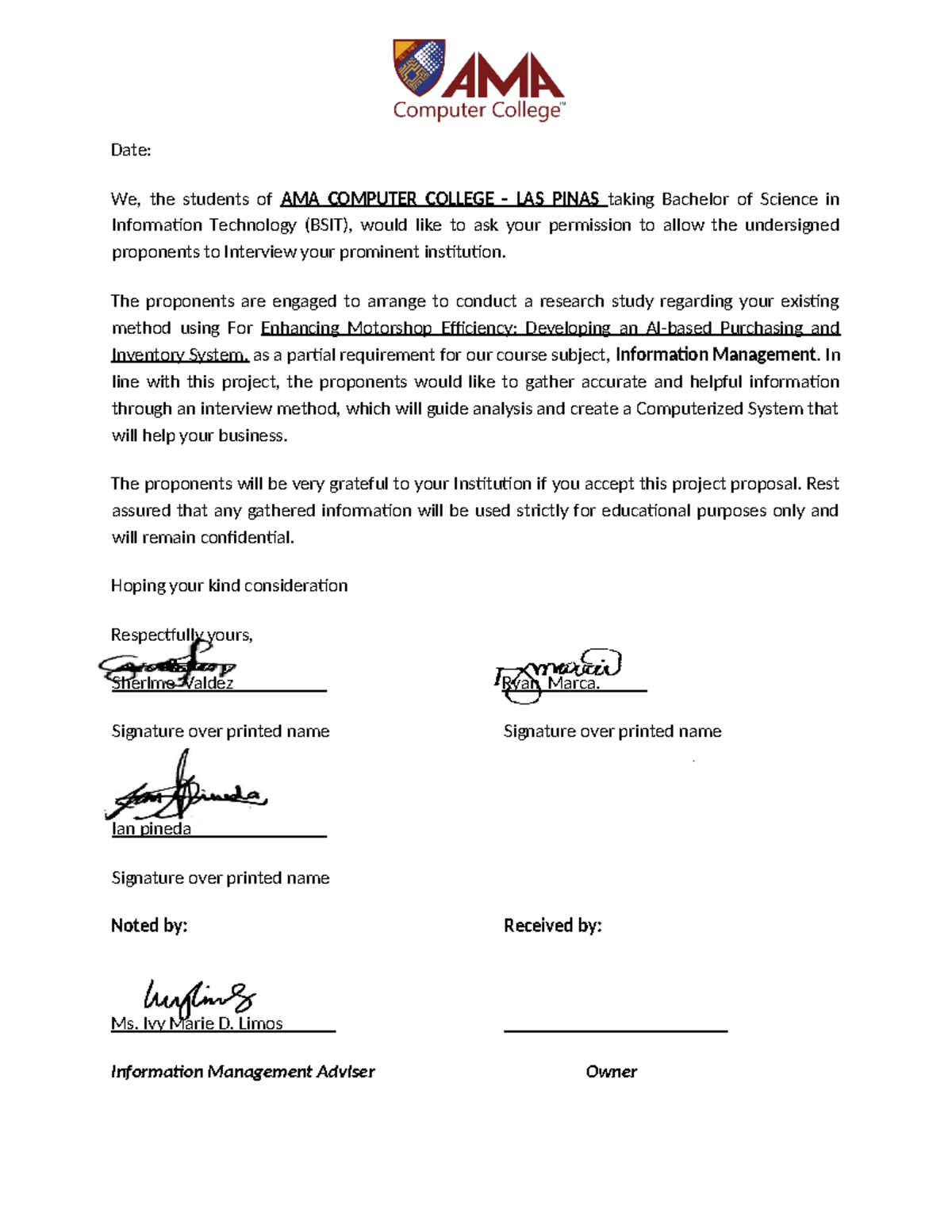 Agreement Letter - Date: We, the students of AMA COMPUTER COLLEGE - LAS ...