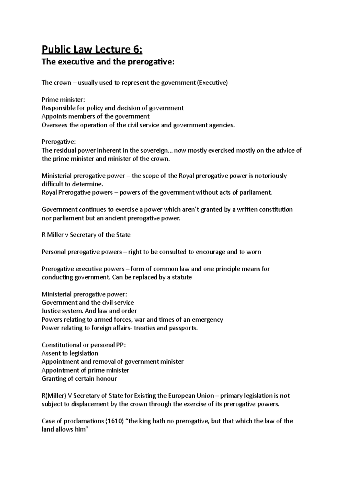 Public Law Lecture 6 - The executive and the prerogative: The executive ...