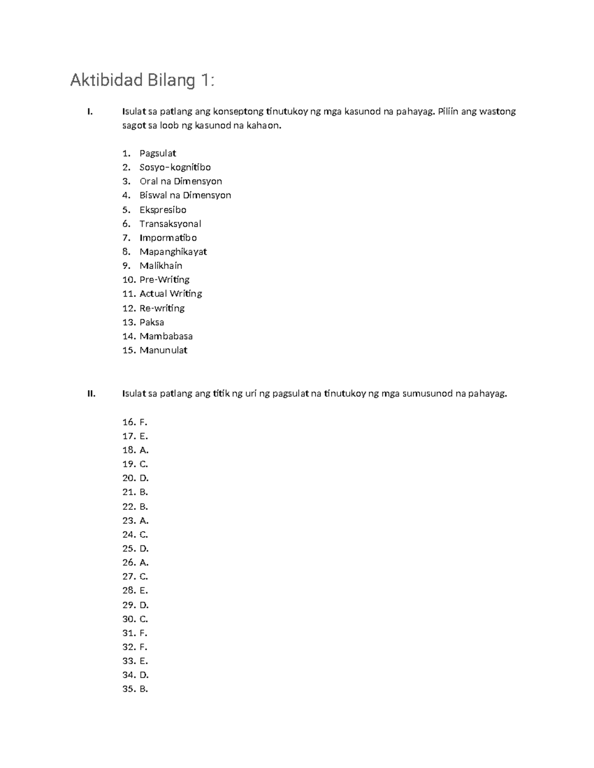 Aktibidad Bilang 1 - Activity - Aktibidad Bilang 1: I. Isulat sa ...
