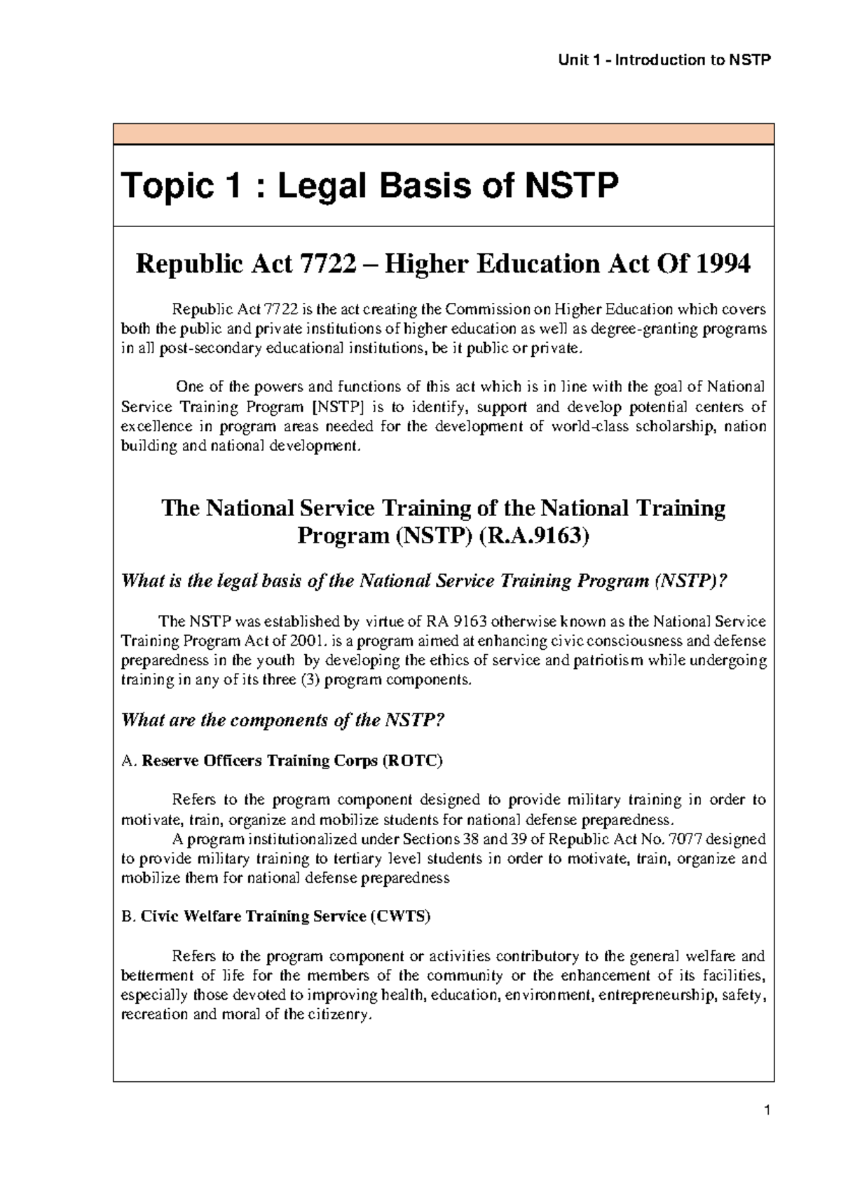 NSTP 1 Topic 1 - It's an discussion - Unit 1 - Introduction to NSTP 1 ...