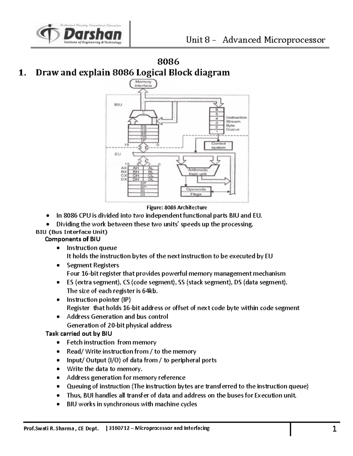 Advanced Microprocessors - 8086 1. Draw and explain 8086 Logical Block ...