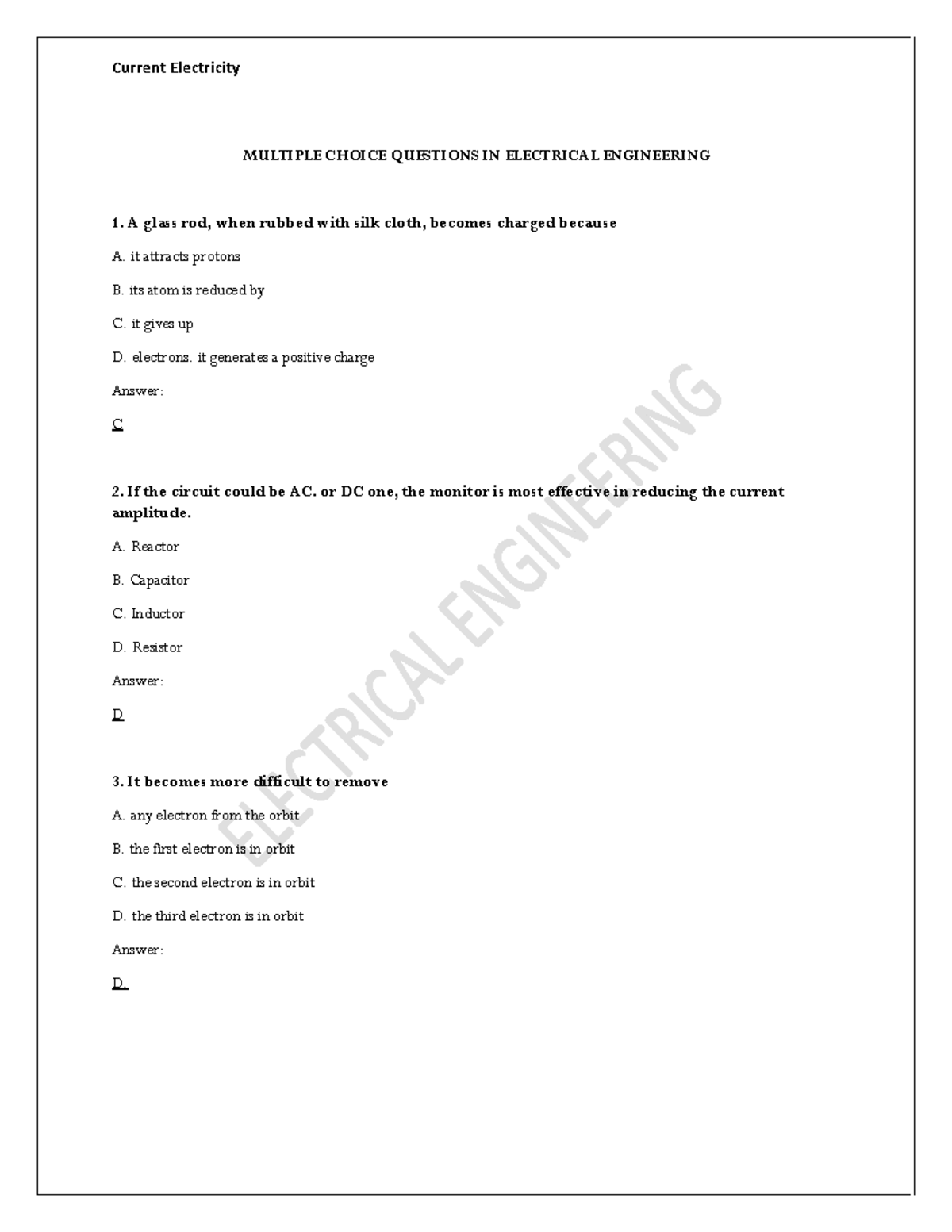 Electrical Engineering Practice Quizzes 6 - MULTIPLE CHOICE QUESTIONS ...