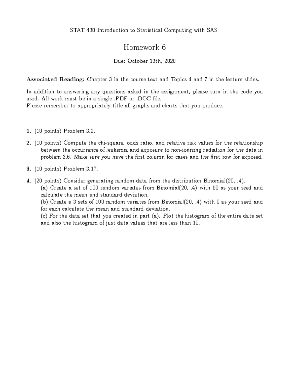 Homework 6fall2020 Stat 430 Introduction To Statistical Computing With Sas Homework 6 Due