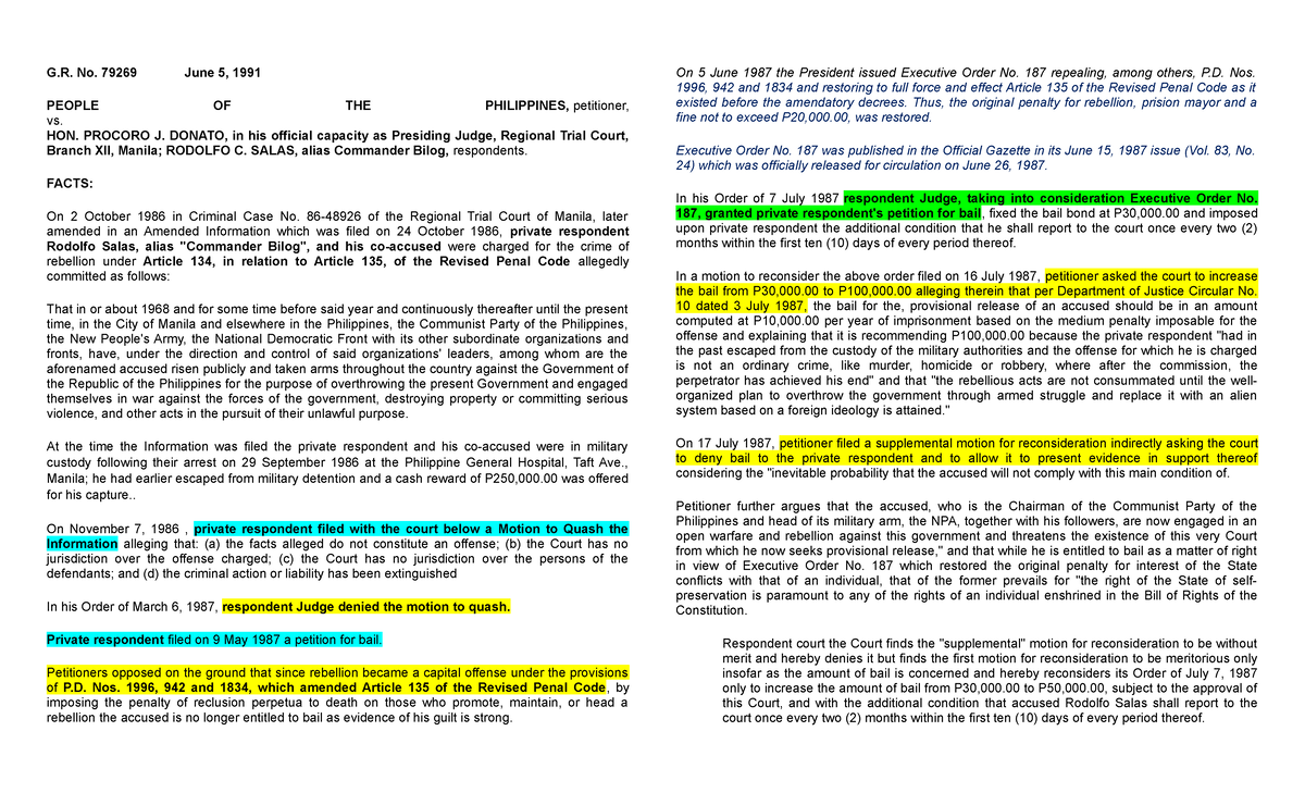 People Vs. Donato - case digest - G. No. 79269 June 5, 1991 PEOPLE OF THE PHILIPPINES ...