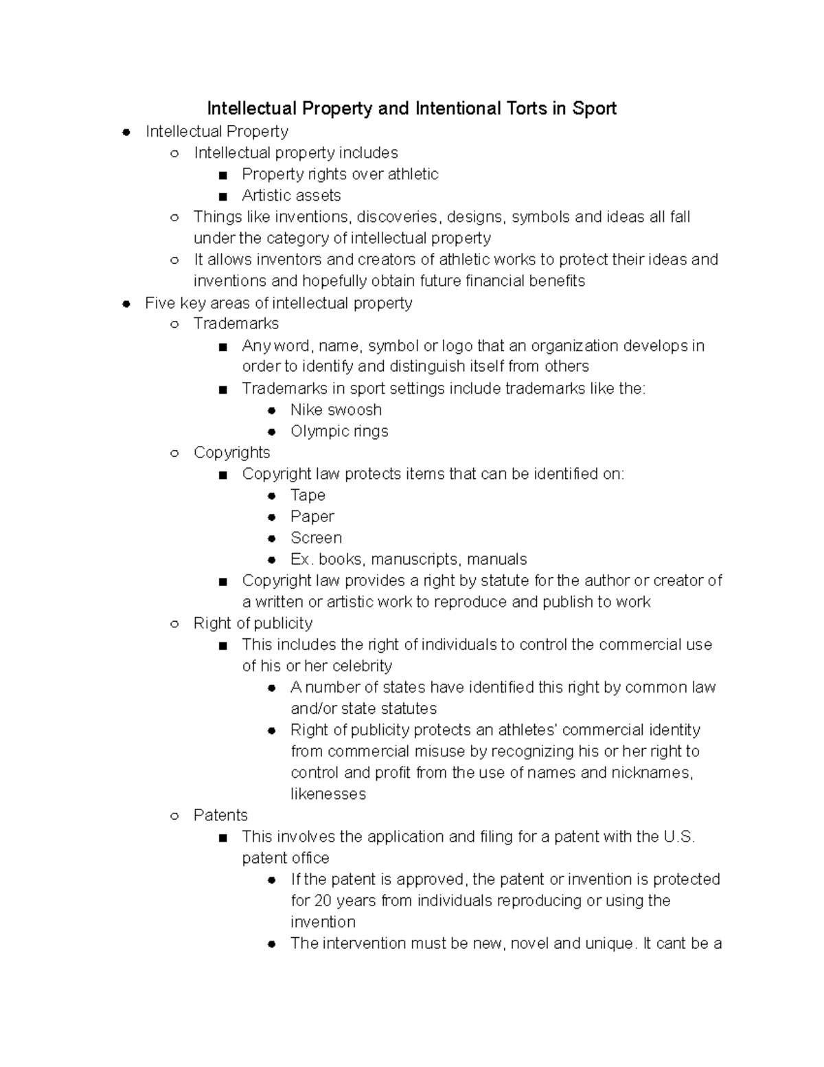 Intellectual Property and Intentional Torts in Sport Lecture Notes ...