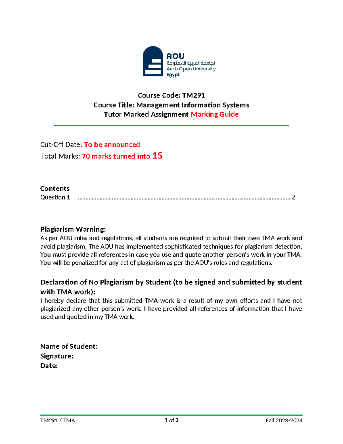 TM291 TMA Fall 23-24 - research - Course Code: TM Course Title: Management Information Systems ...