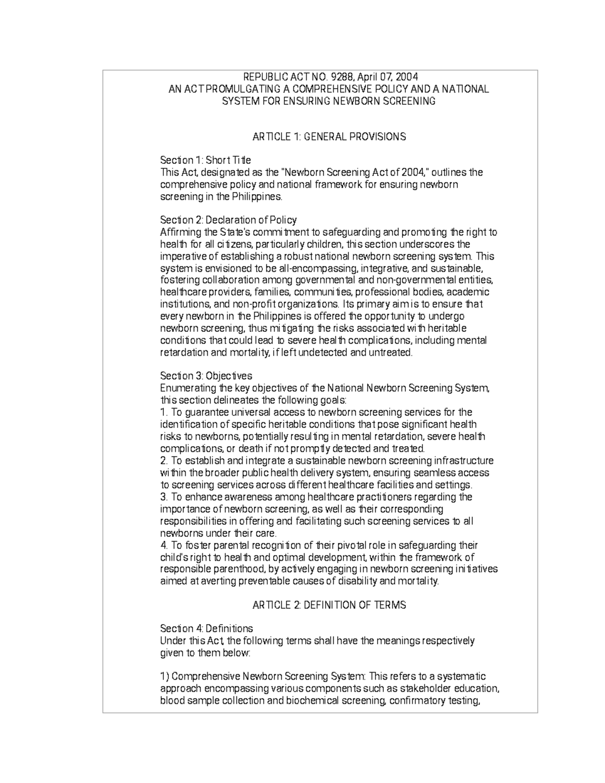 Tite-bu Newborn - Summary BS Medical Technology - REPUBLIC ACT NO. 9288 ...