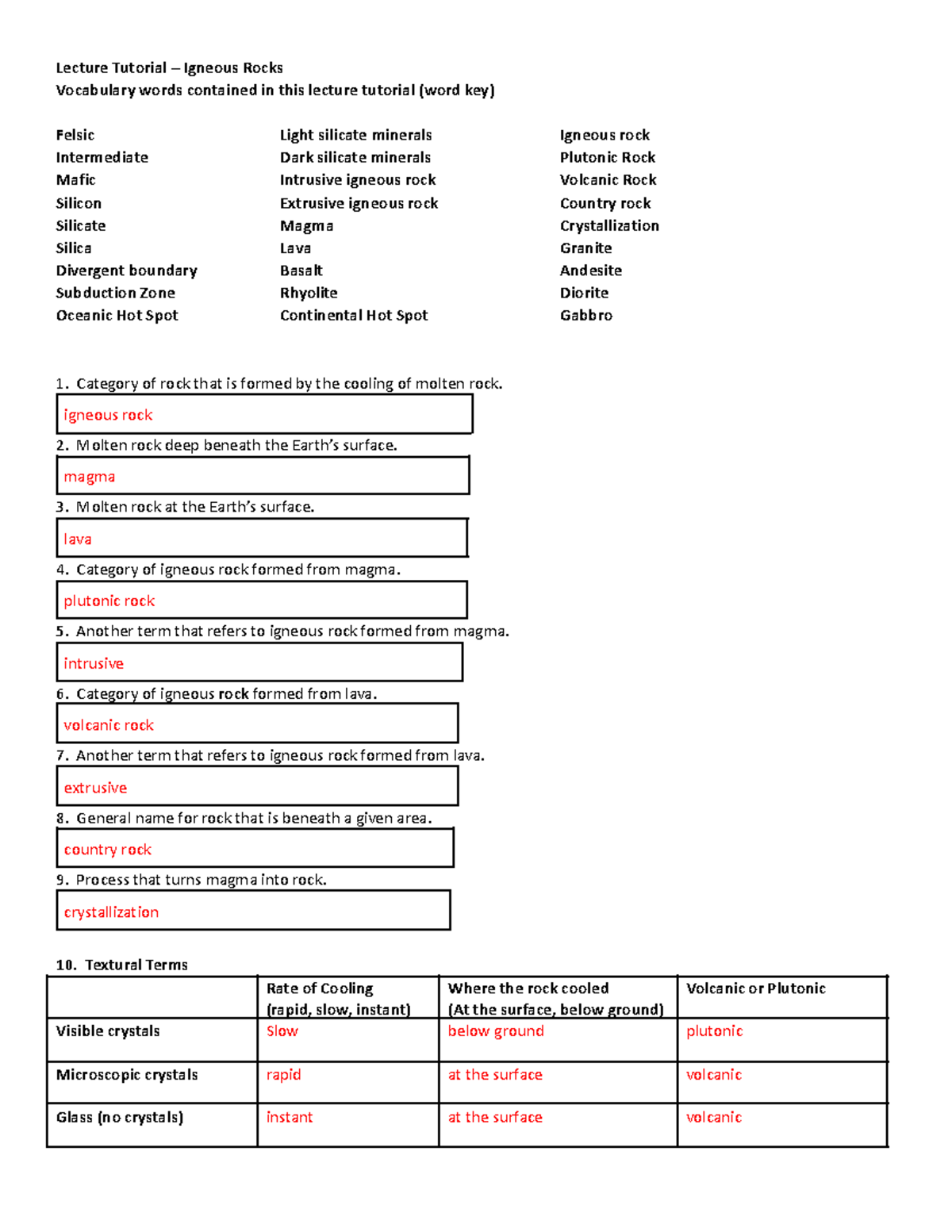 Igneous Rocks Notes - Lecture Tutorial – Igneous Rocks Vocabulary words ...