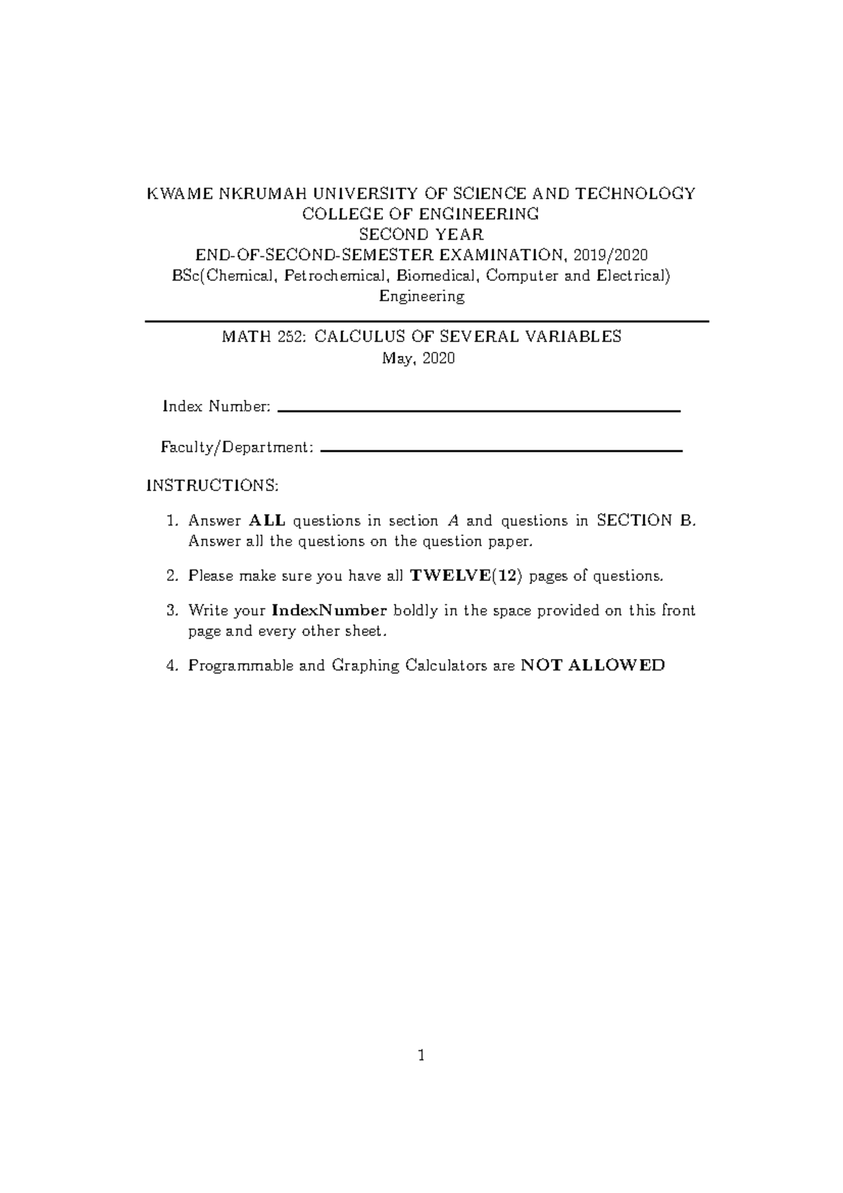 MATH 252-end of sem questions May, 2020 - KWAME NKRUMAH UNIVERSITY OF ...
