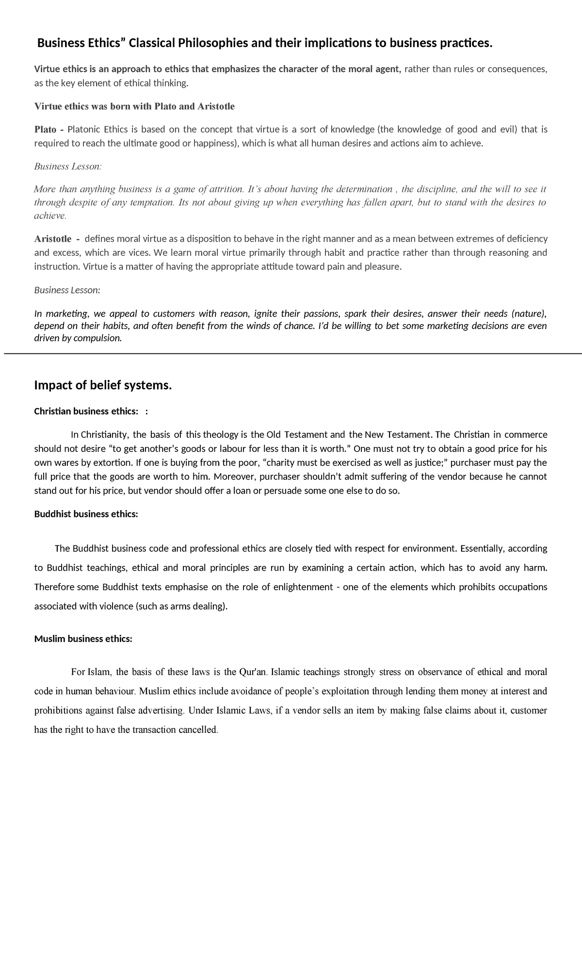 Business Ethics - notes - Business Ethics” Classical Philosophies and ...