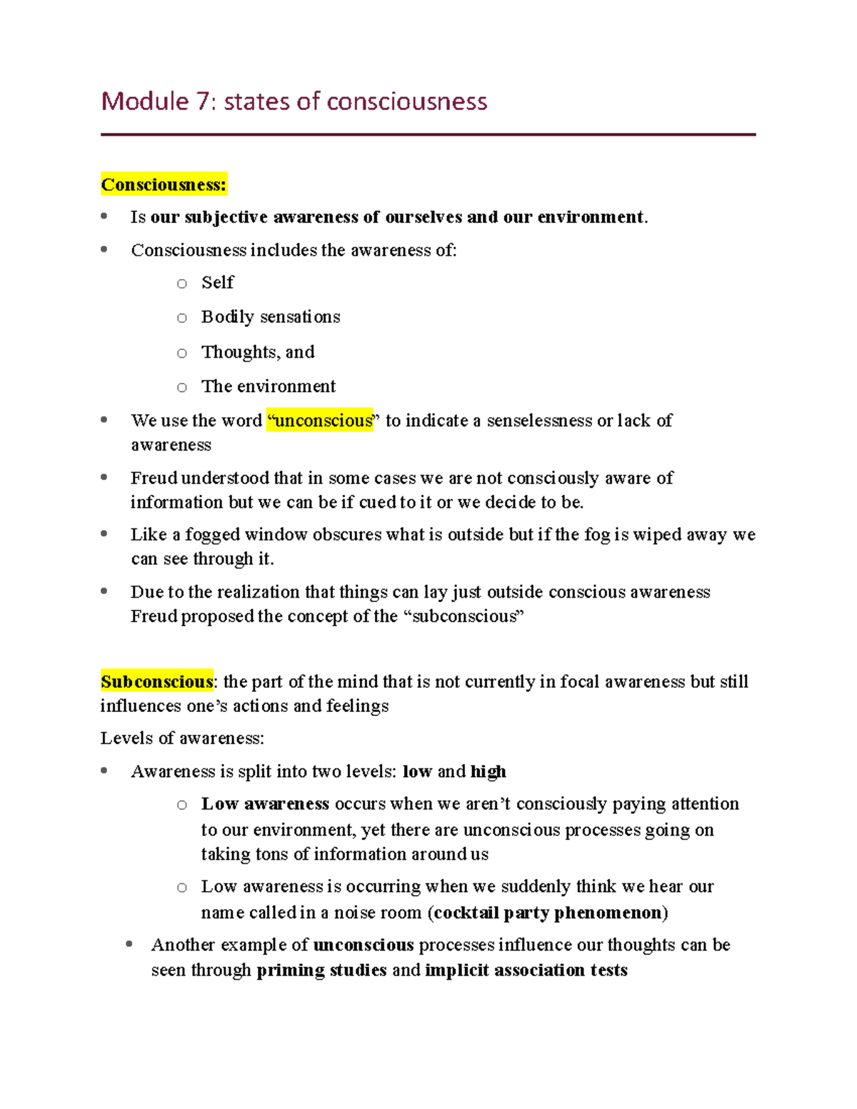 Module 7 PSY 120 - Lecture notes on the topic states of consciousness ...