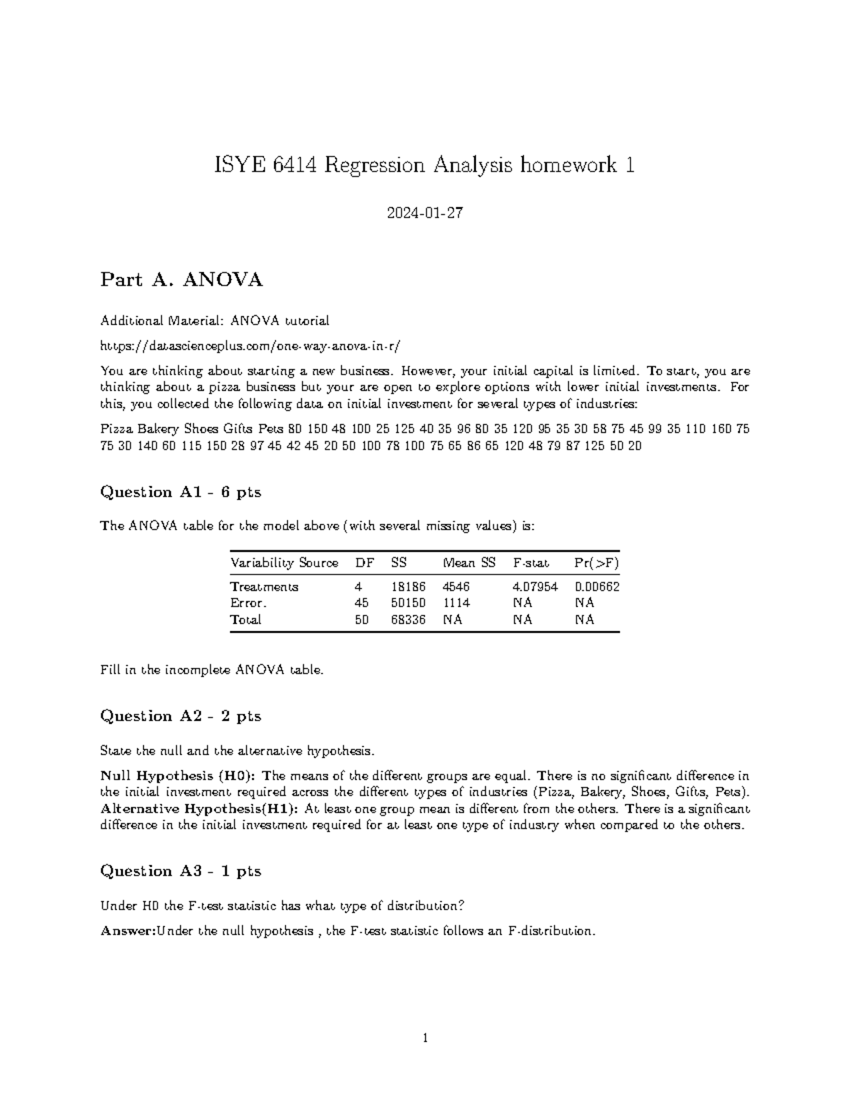 Hw-1 - homework1 - ISYE 6414 Regression Analysis homework 1 2024-01- Part A. ANOVA Additional ...