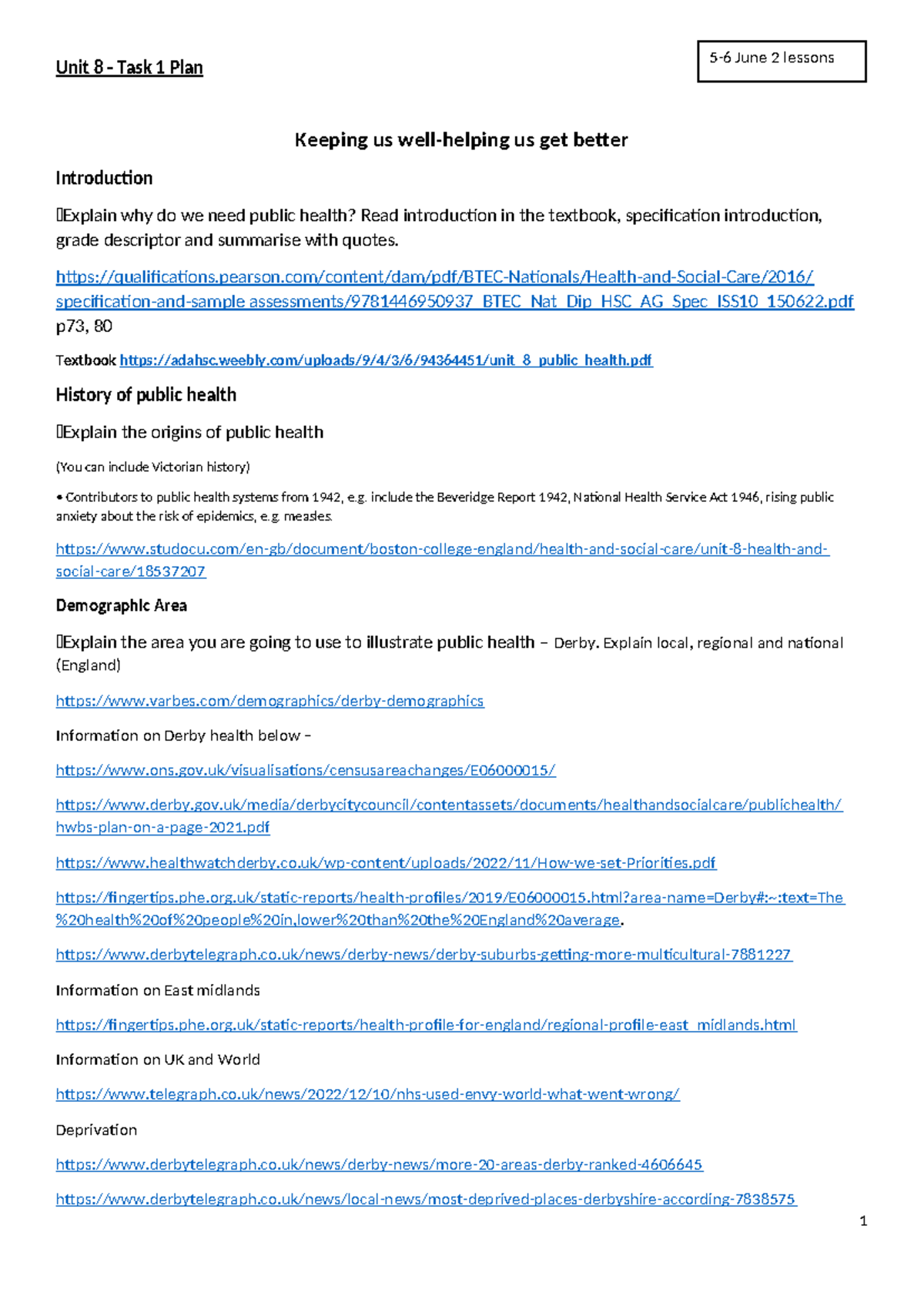 Unit 8 -Plan - Unit 8 - Task 1 Plan Keeping us well-helping us get better Introduction Explain ...